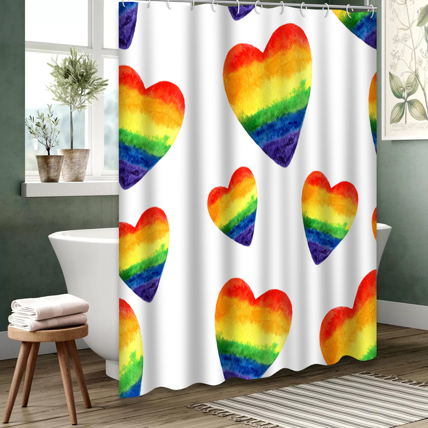East Urban Home Blue Green Waterproof Shower Curtain,Watercolor Love ...