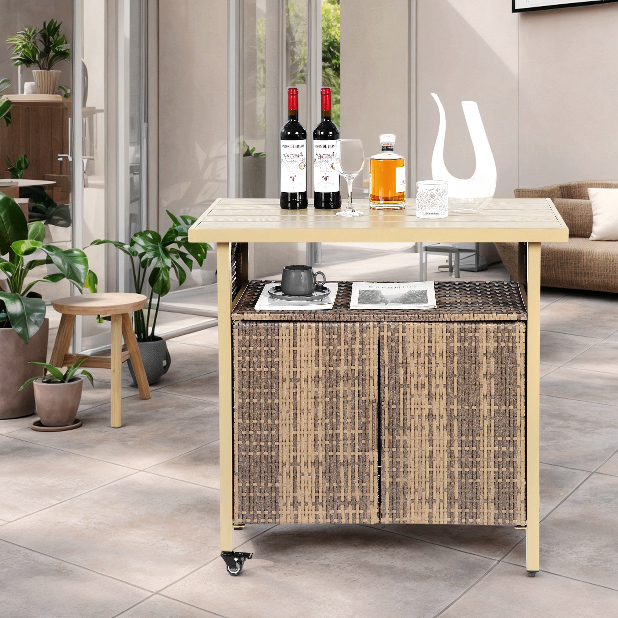 Ebern Designs Outdoor Wicker Bar Cart, Patio Wine Serving Cart Wheels ...