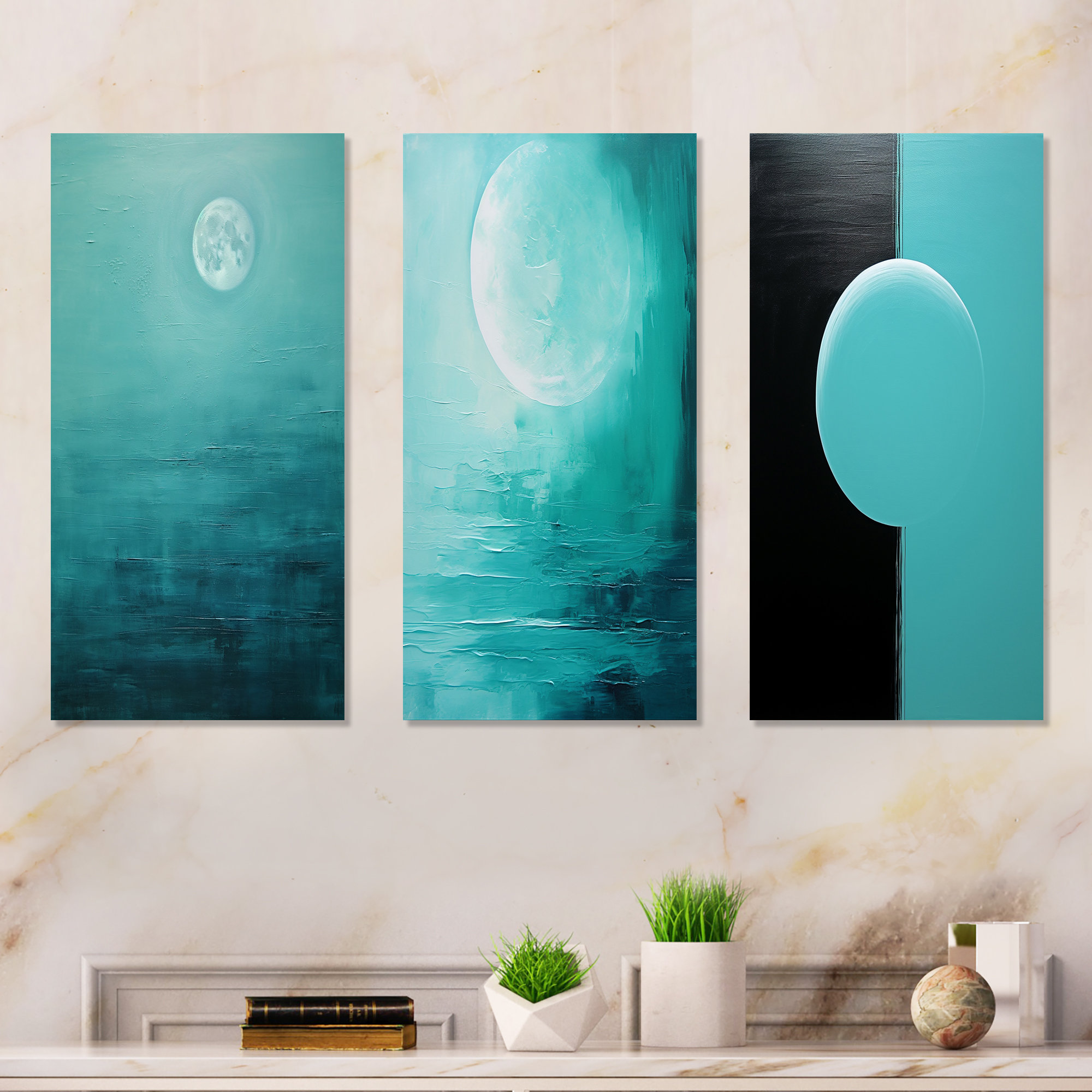 Orren Ellis Teal Moon Tranquility - Moon Canvas Prints Set Of 3 | Wayfair