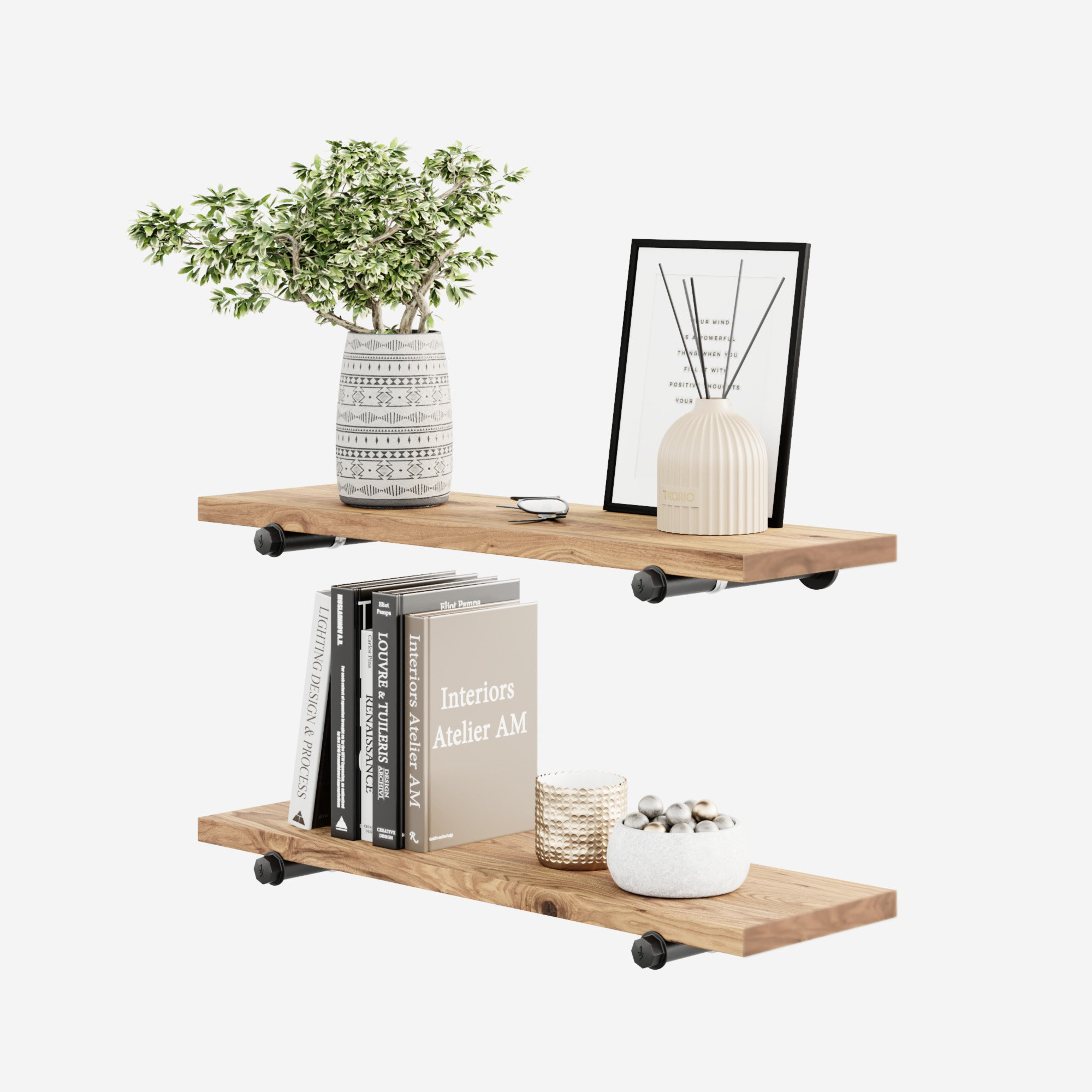 Millwood Pines Solid Wood Floating Shelves with Pipe Brackets & Reviews ...
