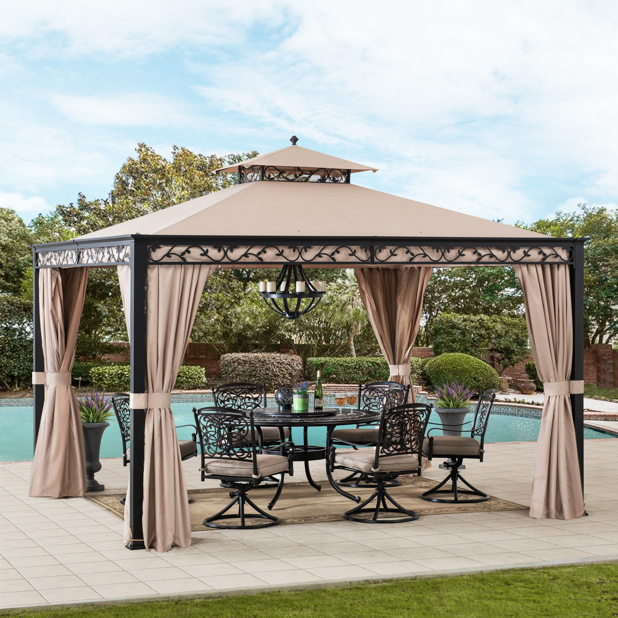 Sunjoy 10 ft. x 12 ft. Steel Gazebo with Decorative Vine Frame Detail ...