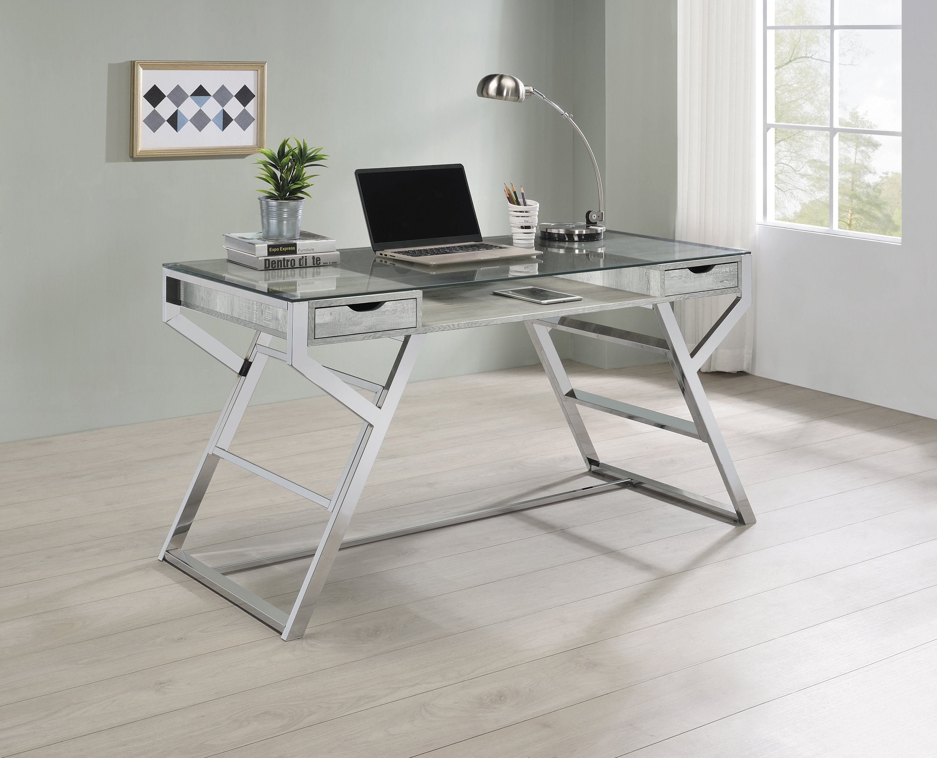 George Oliver Emelle 56-inch Glass Top Writing Desk Grey Driftwood ...