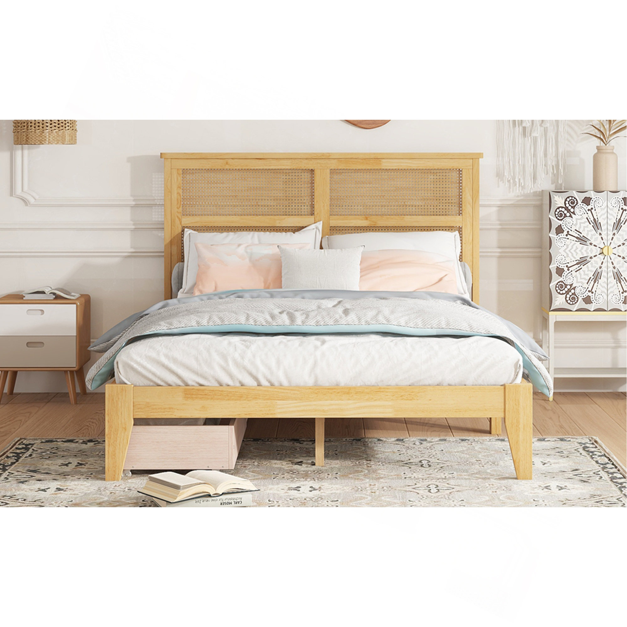 Bay Isle Home™ Full Size Bed With Rattan Headboard, Two Storage Drawers ...