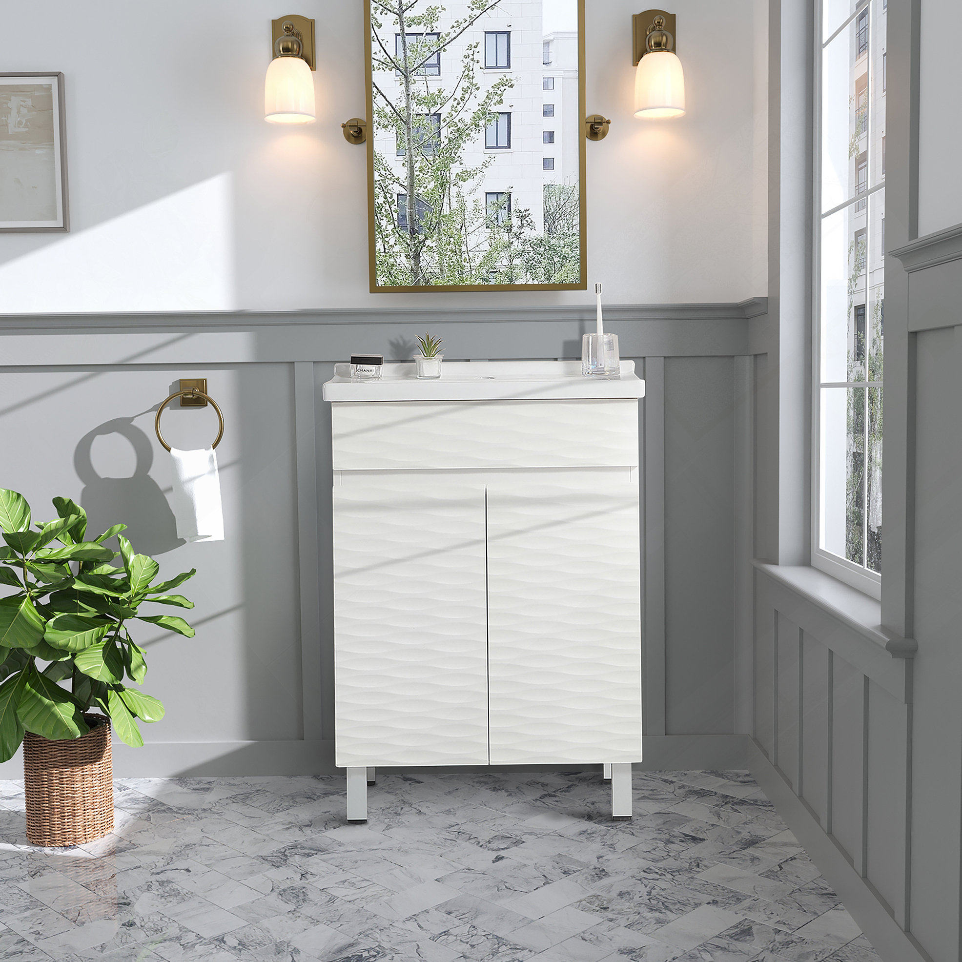 Ebern Designs wavy bathroom cabinet with ceramic sink | Wayfair