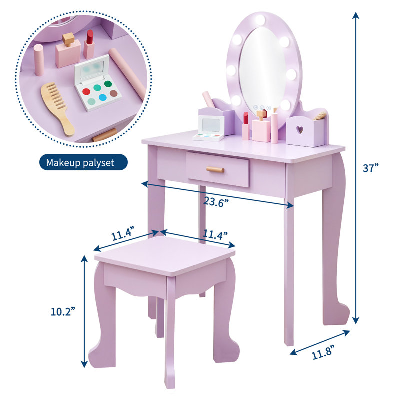 Harriet Bee Kids Vanity Set With Mirror & Light, Makeup Table And Stool ...