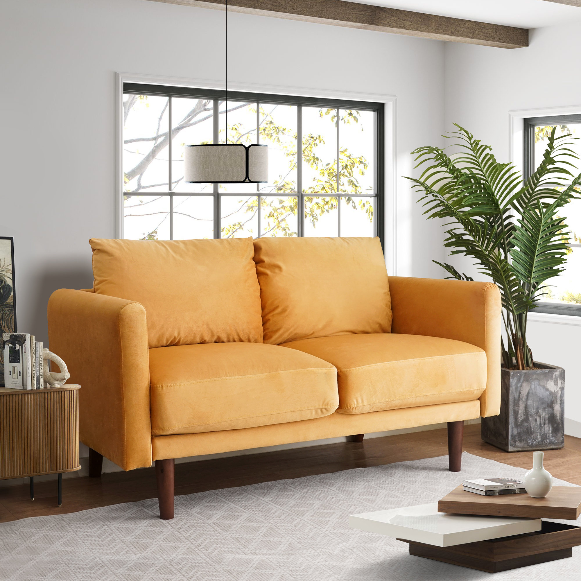 Ebern Designs Knapp 55.5" wide velvet round armrests and thick seat ...