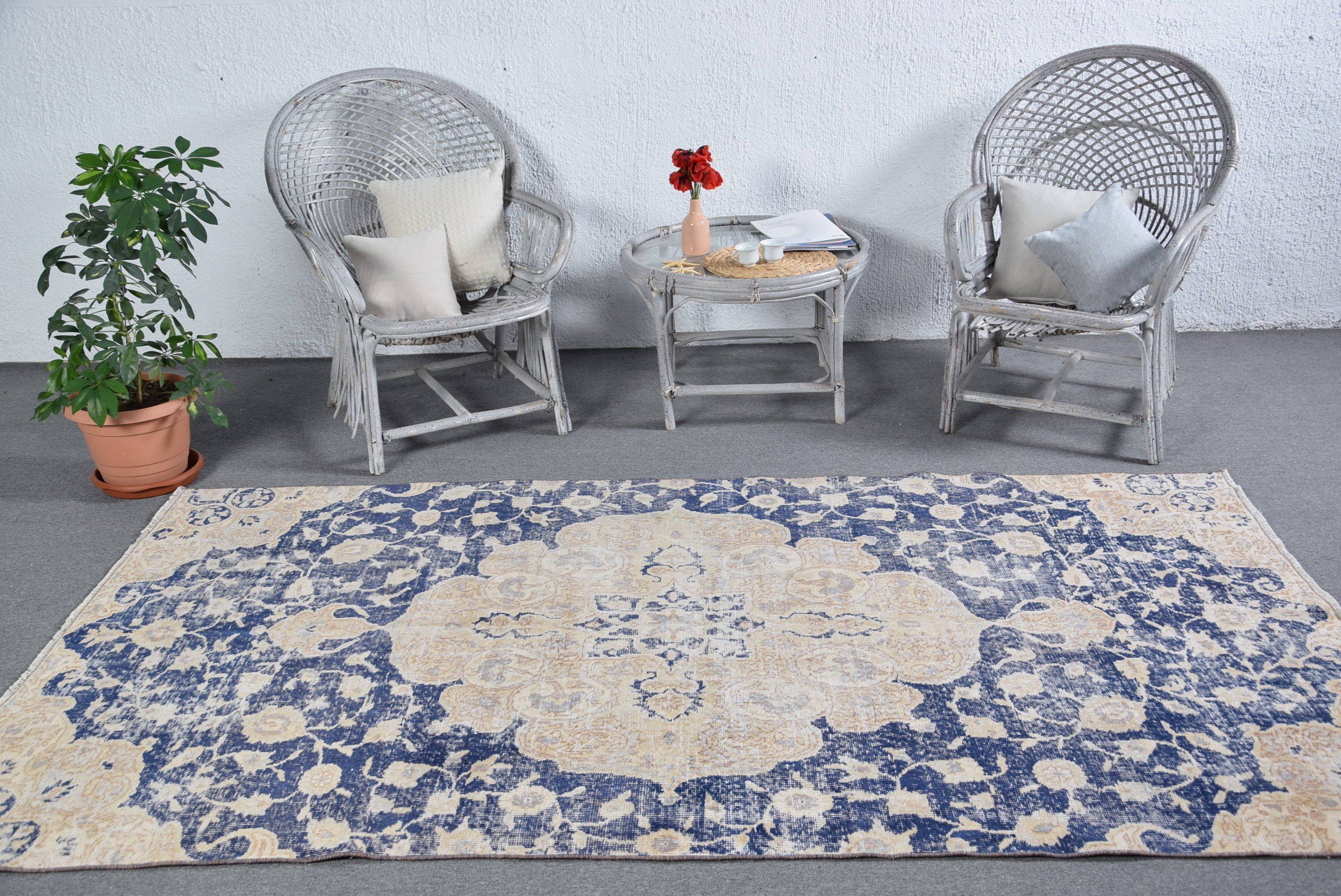 Bungalow Rose Vintage Large Navy Medallion Design Anatolian Rug Ideal ...