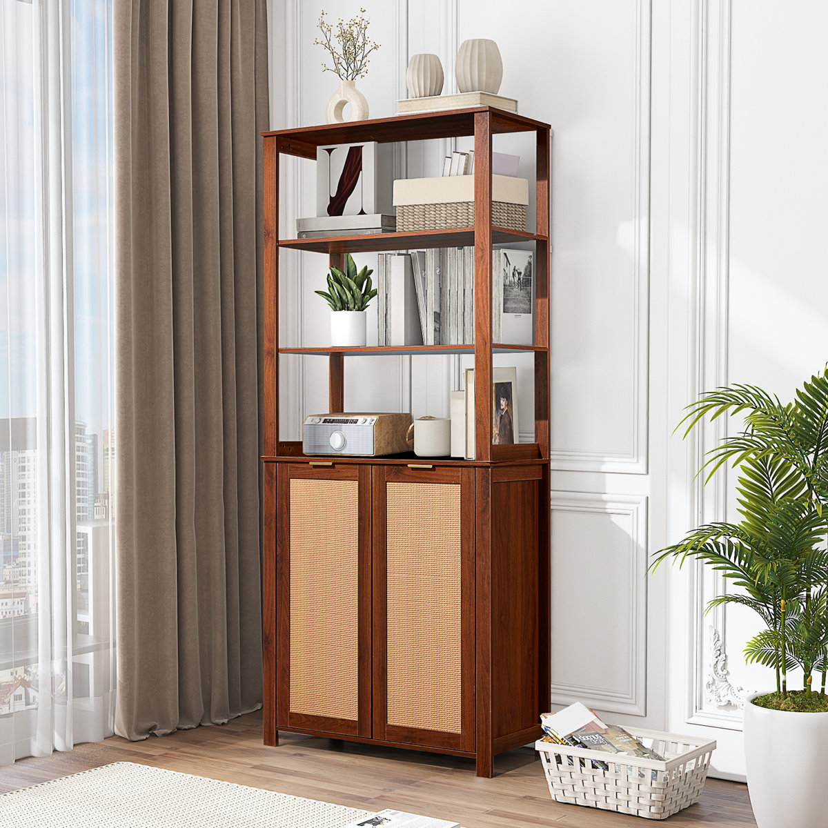 Bay Isle Home™ Rattan Bookcase With Cabinet, Heavy Duty Freestanding ...