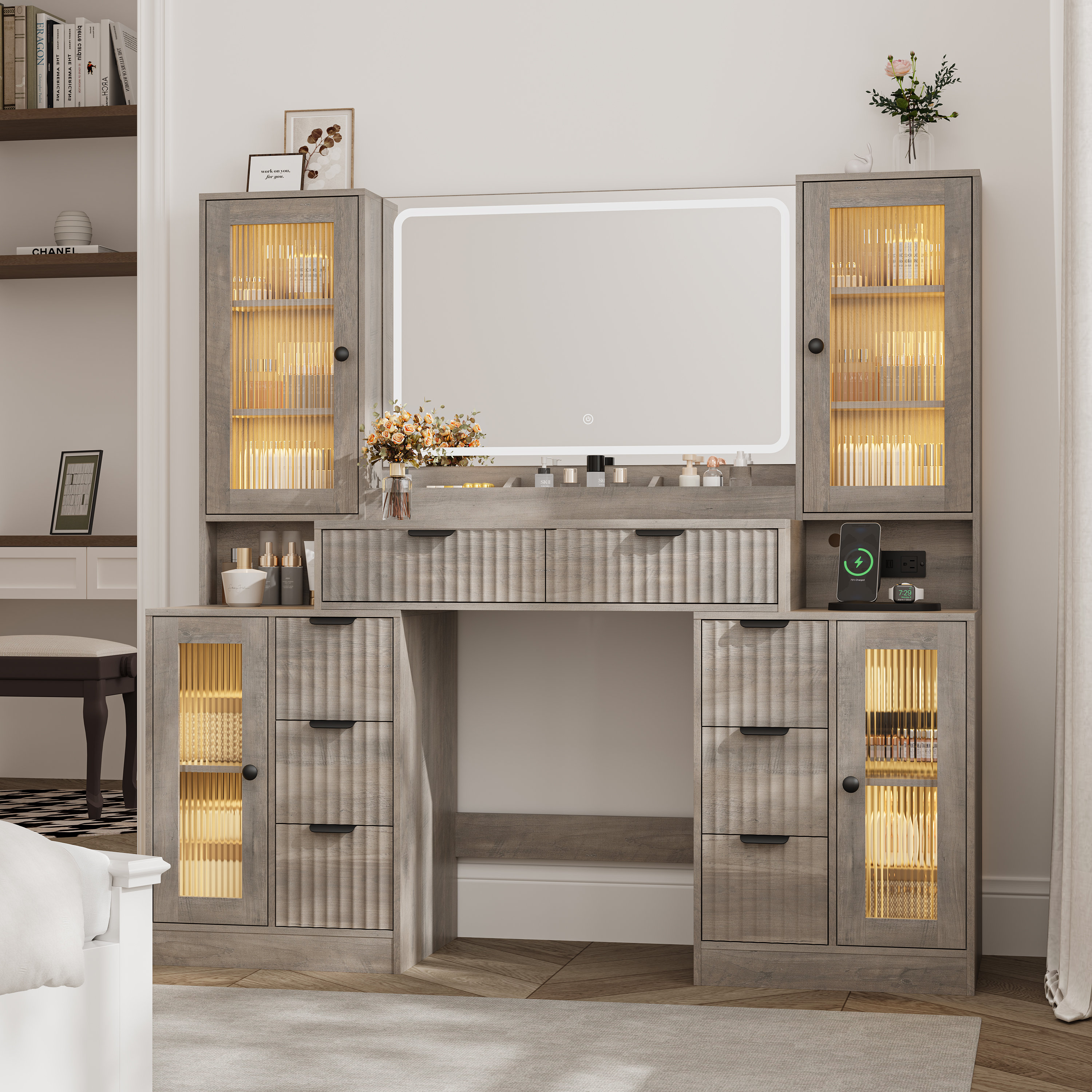 Ivy Bronx Vanity Desk with 2 Doors, 3 Drawers & LED Illuminated Mirror ...