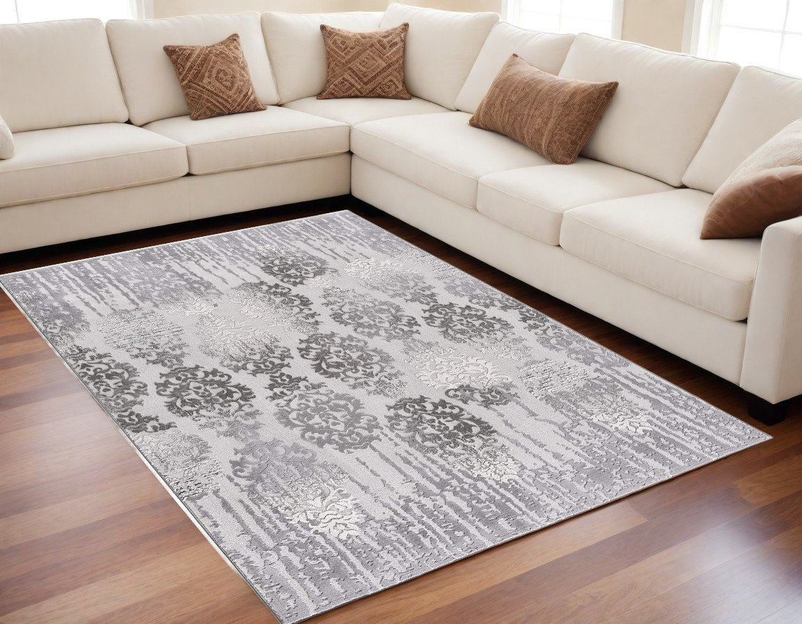 HomeRoots 5' X 7' Gray Damask Power Loom Area Rug | Wayfair