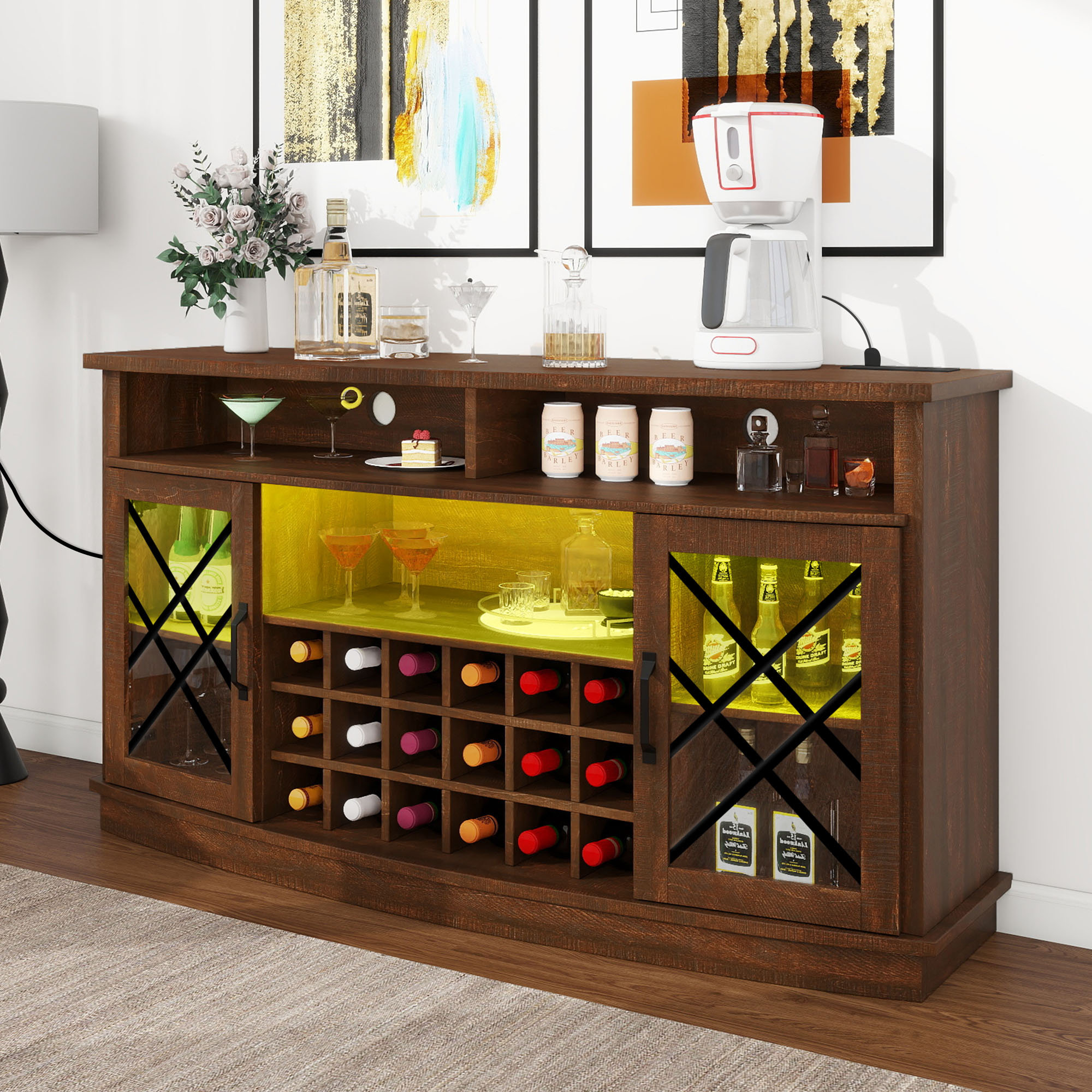Wrought Studio Farmhouse 58" Coffee Wine Bar Cabinet With Charging ...