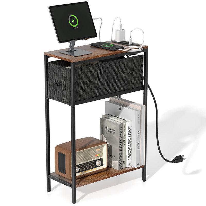 17 Stories Tall End Table With Charging Station & Fabric Basket | Wayfair
