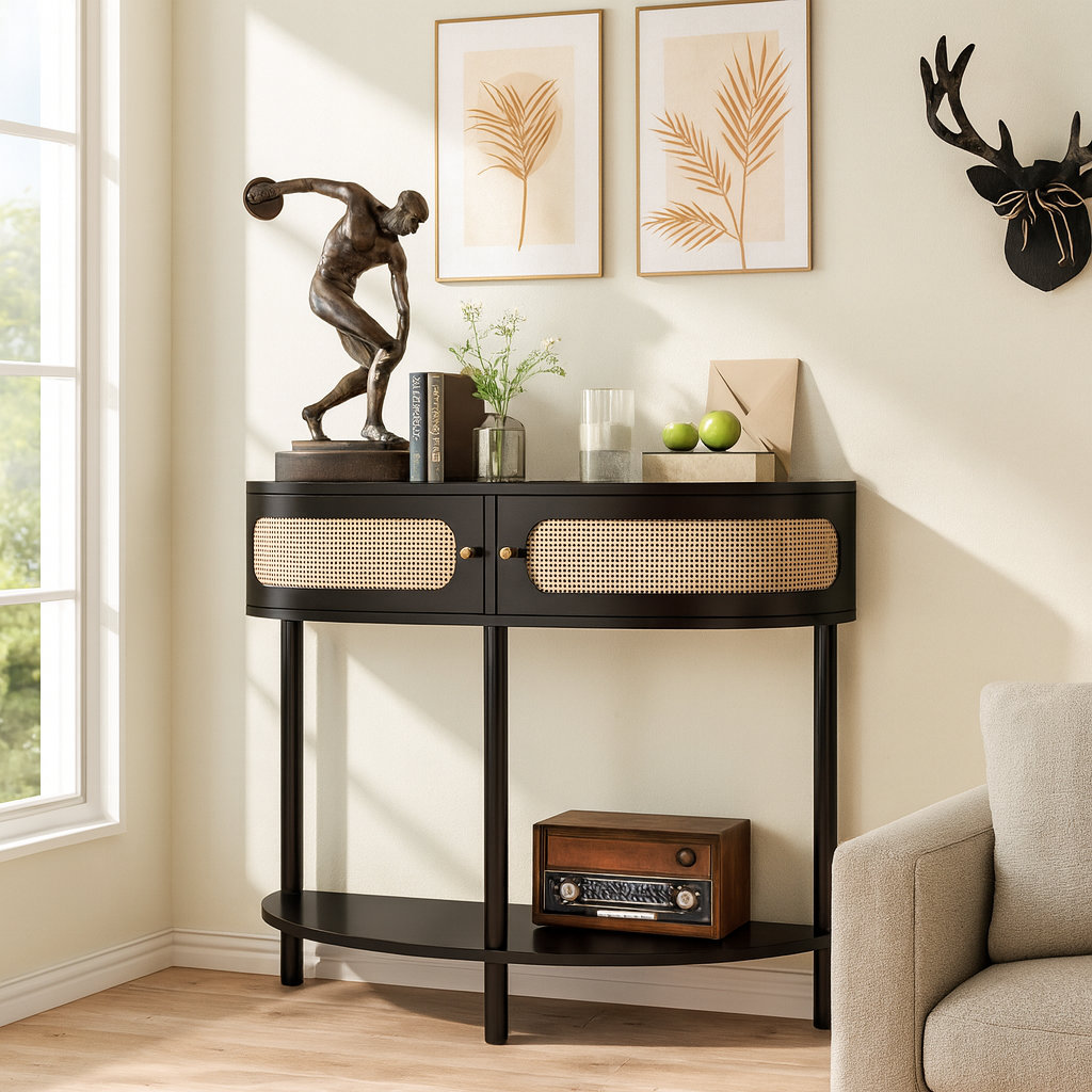 Bay Isle Home™ Half Moon Design End Table With Sliding Rattan Door ...