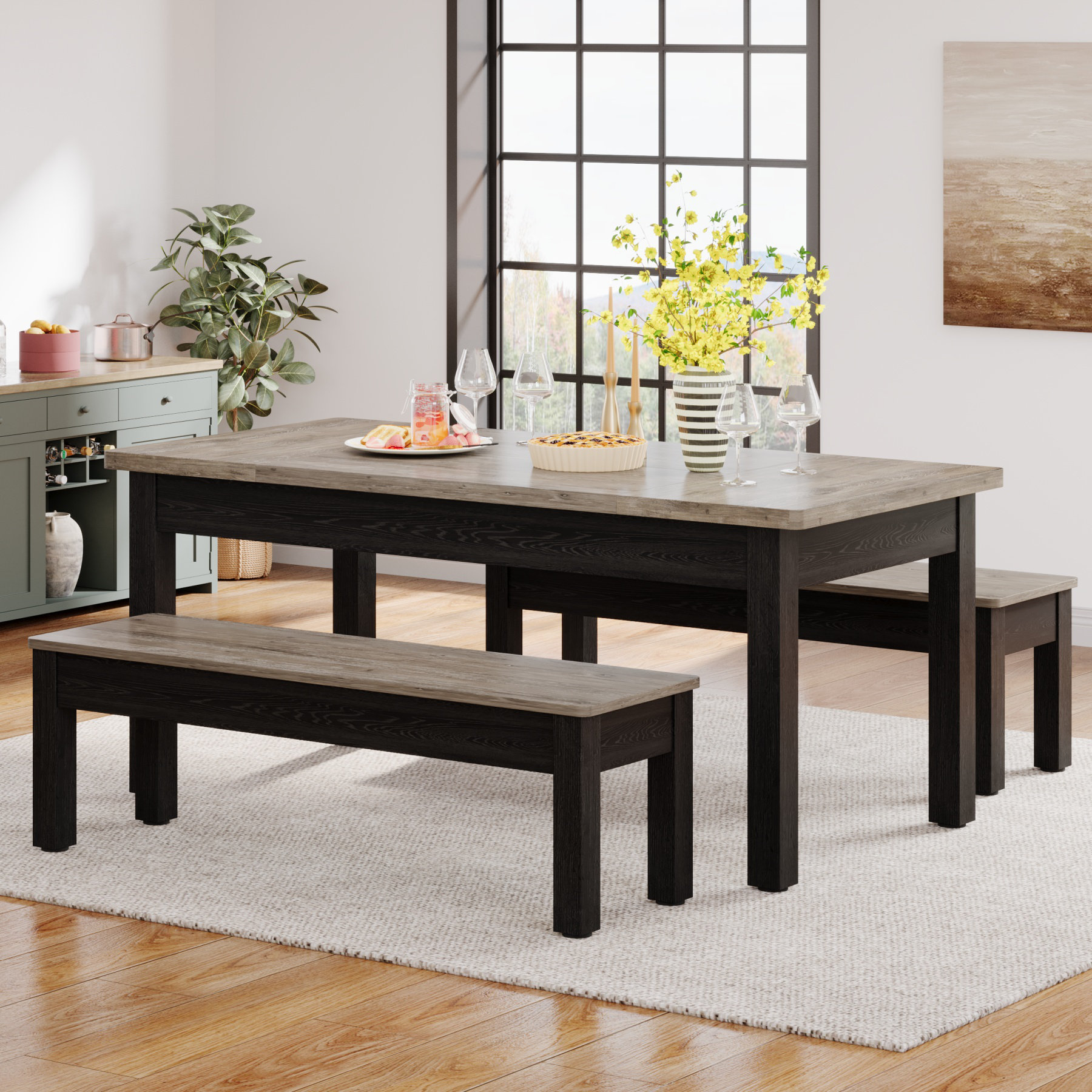 Gracie Oaks 3 Piece Dining Table Set With 2 Benchs, Farmhouse Wood ...