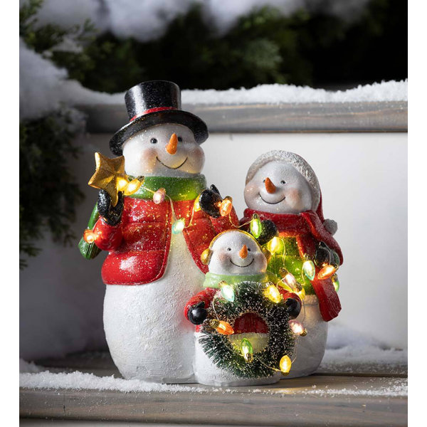 Plow & Hearth 3 Piece Snowman Figurine Set with Christmas Lights | Wayfair