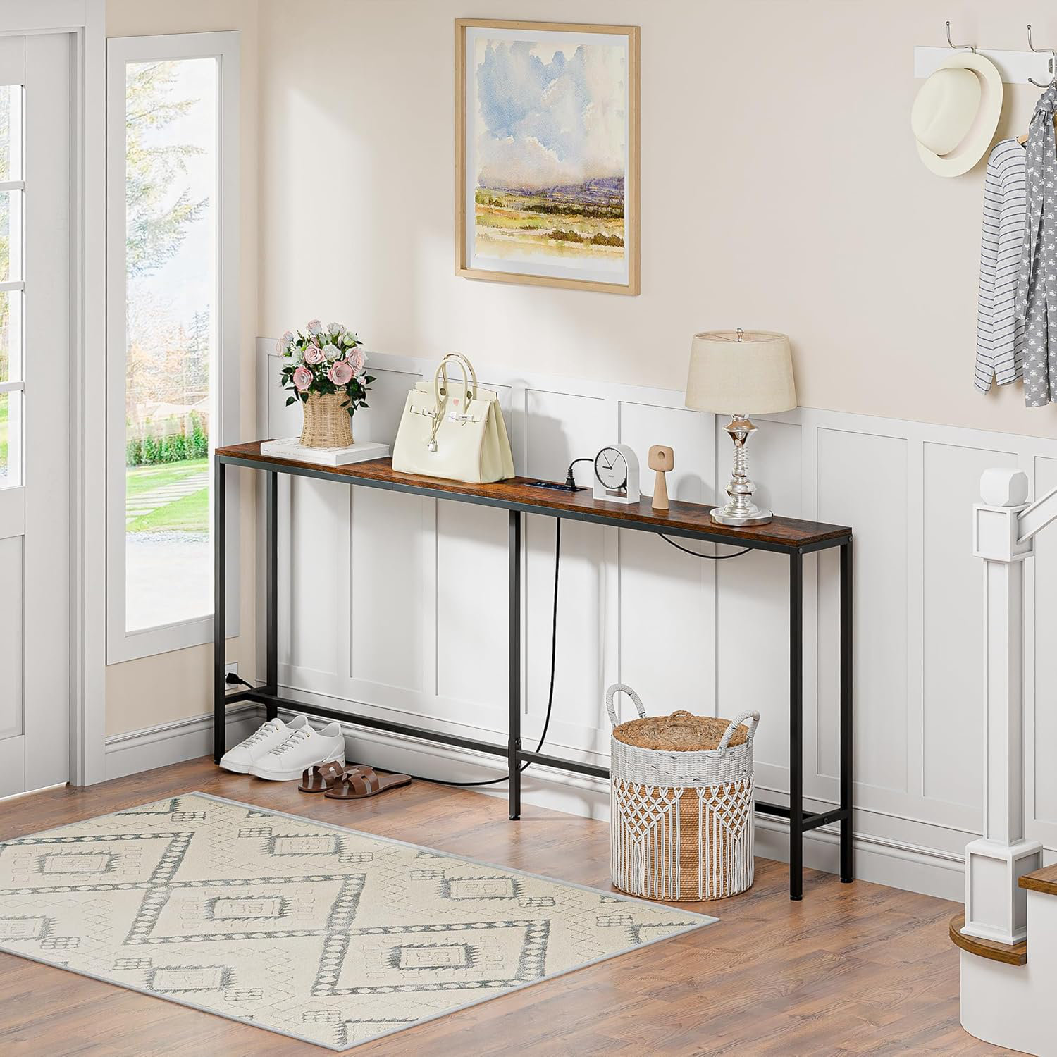 17 Stories 70.8" Console Table With Power Outlet Wood Narrow Sofa Table ...