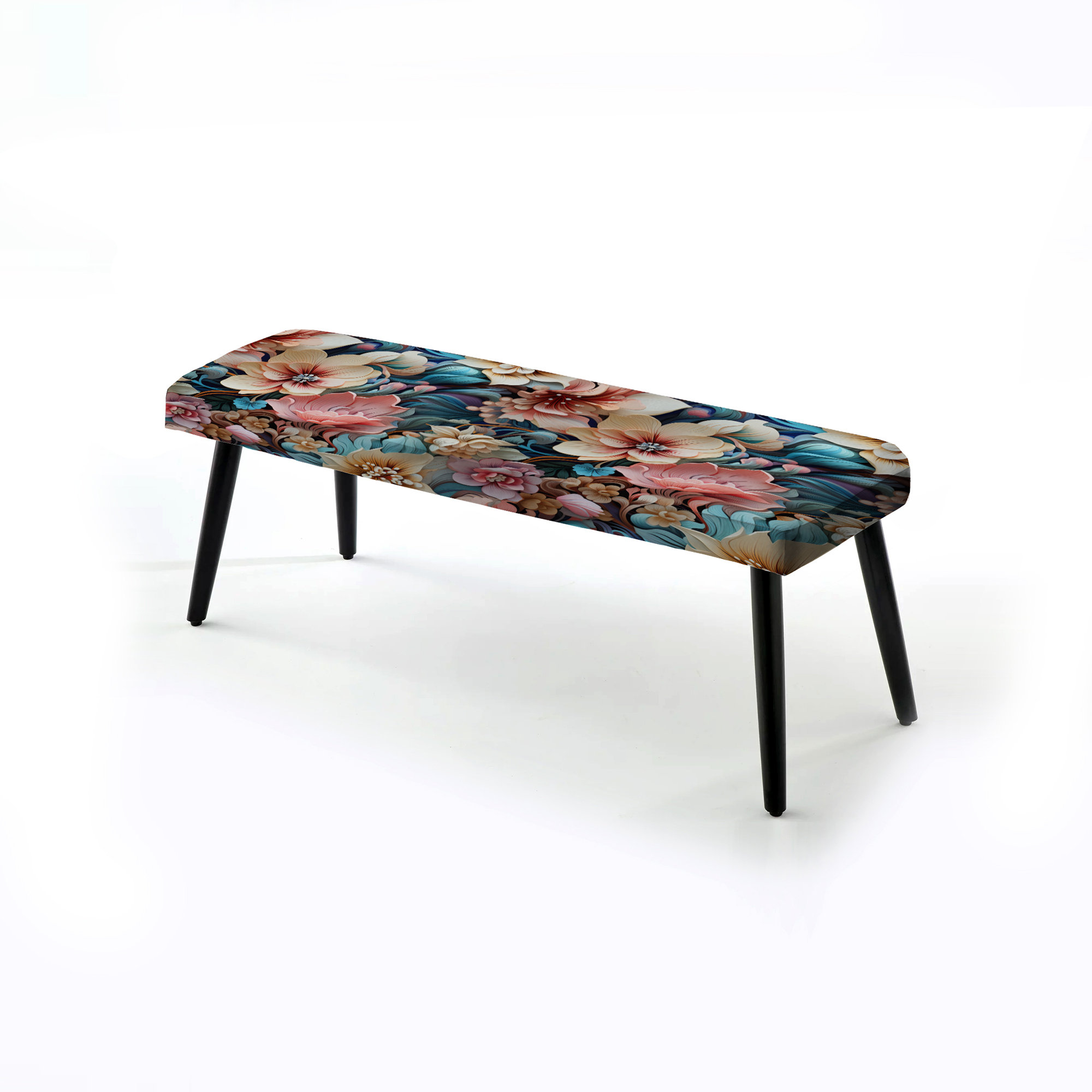 Design Art Gatsby Paisley Deco Blue And Beige Flowers - Floral Upholstered Black Bench | Wayfair