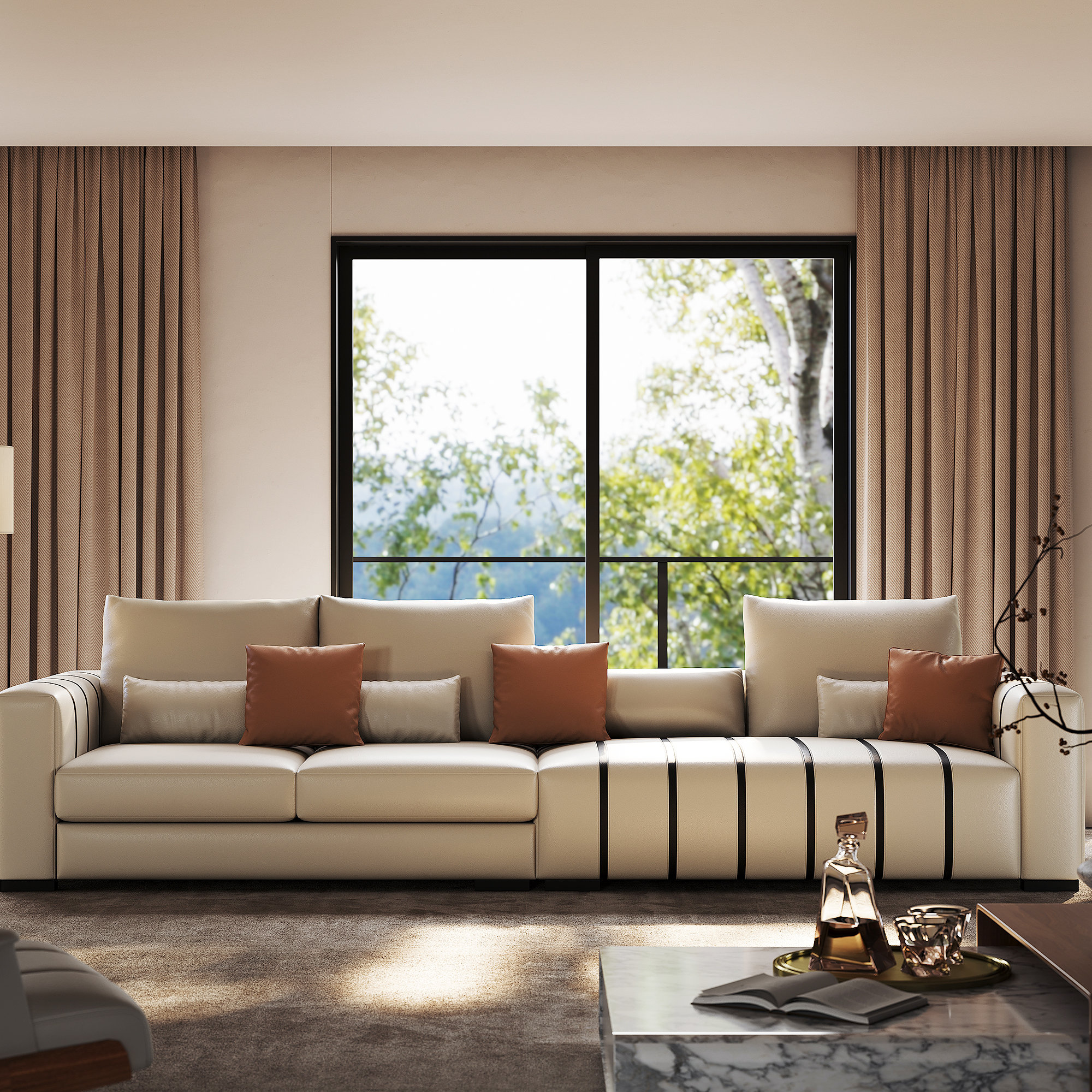 Wrought Studio 118.1'' Modern Cream Piano-Patterned 6-Seater Sofa ...