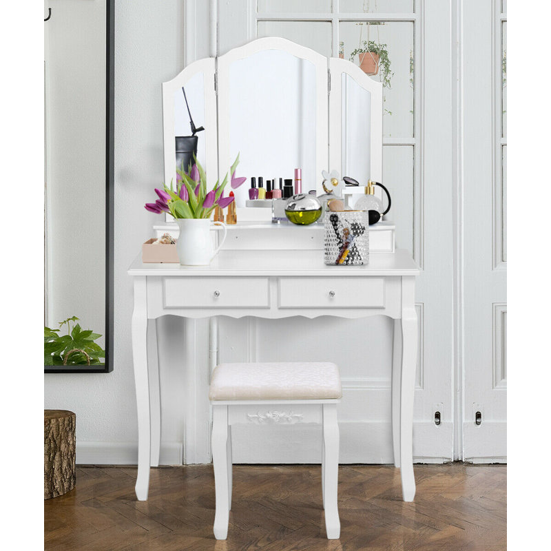 Charlton Home® Doursounian Makeup Vanity Set with Stool and Mirror ...