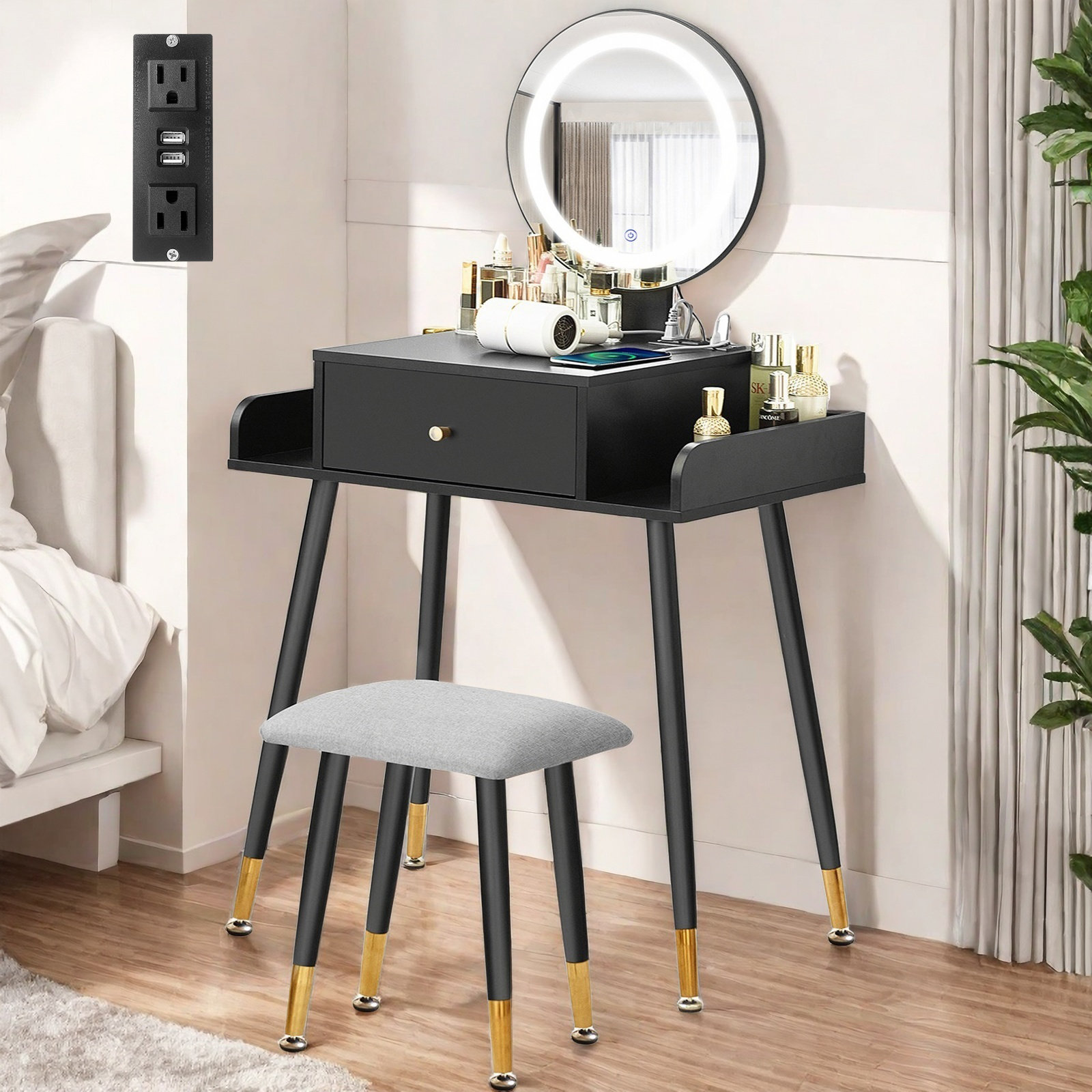 Mercer41 Ridaa Small Makeup Vanity Table Set with Adjustable Brightness ...