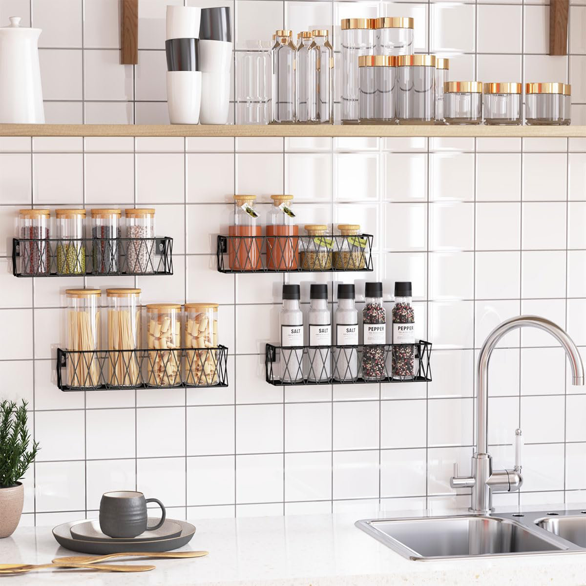 Rebrilliant Wall-Mounted Spice Rack Organizer - 4-Pack Black Metal ...