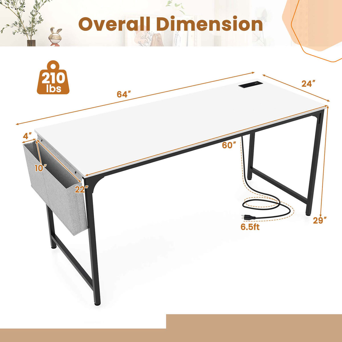 Ebern Designs 60" Modern Computer Desk With Charging Station With ...
