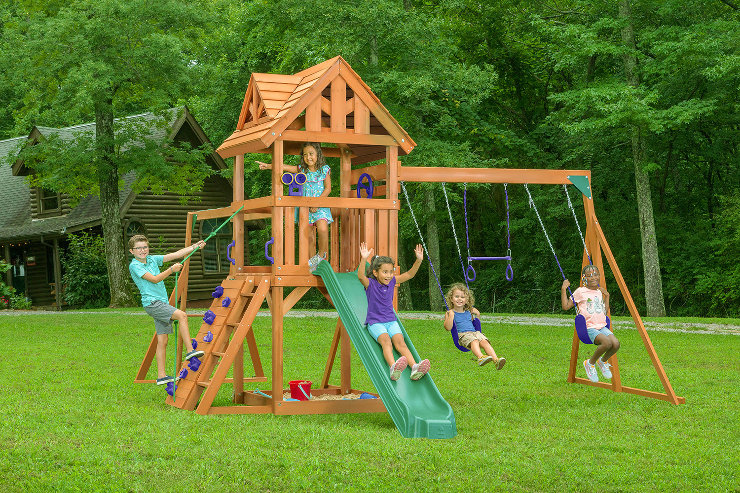 Creative Cedar Designs Mountain View Lodge Playset W/ Wooden Roof ...