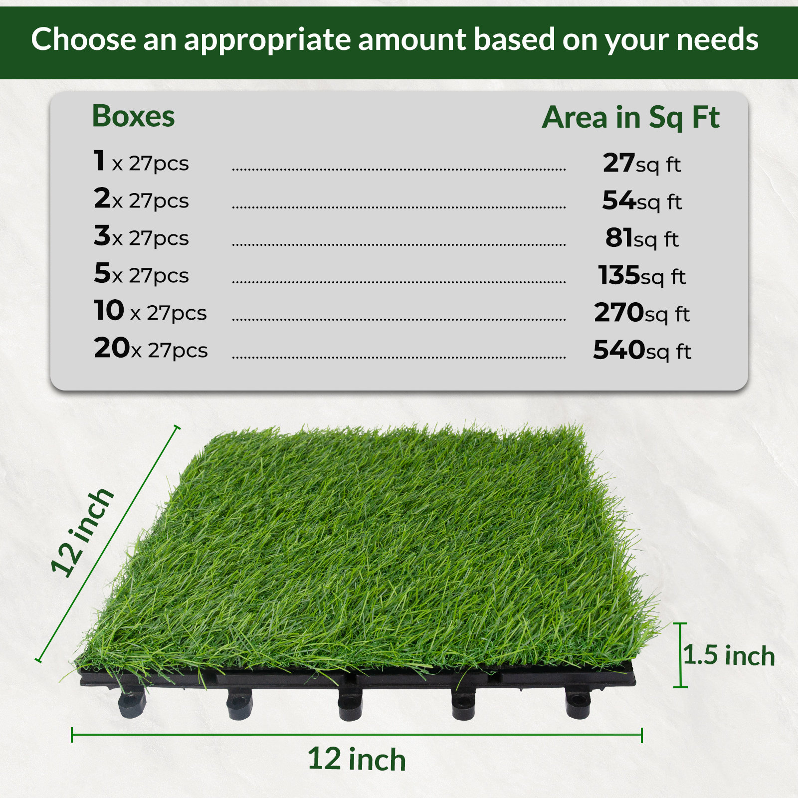 CraftVie Artificial Grass Tiles Outdoor, Turf Squares 12X12 In, Pack 27 ...