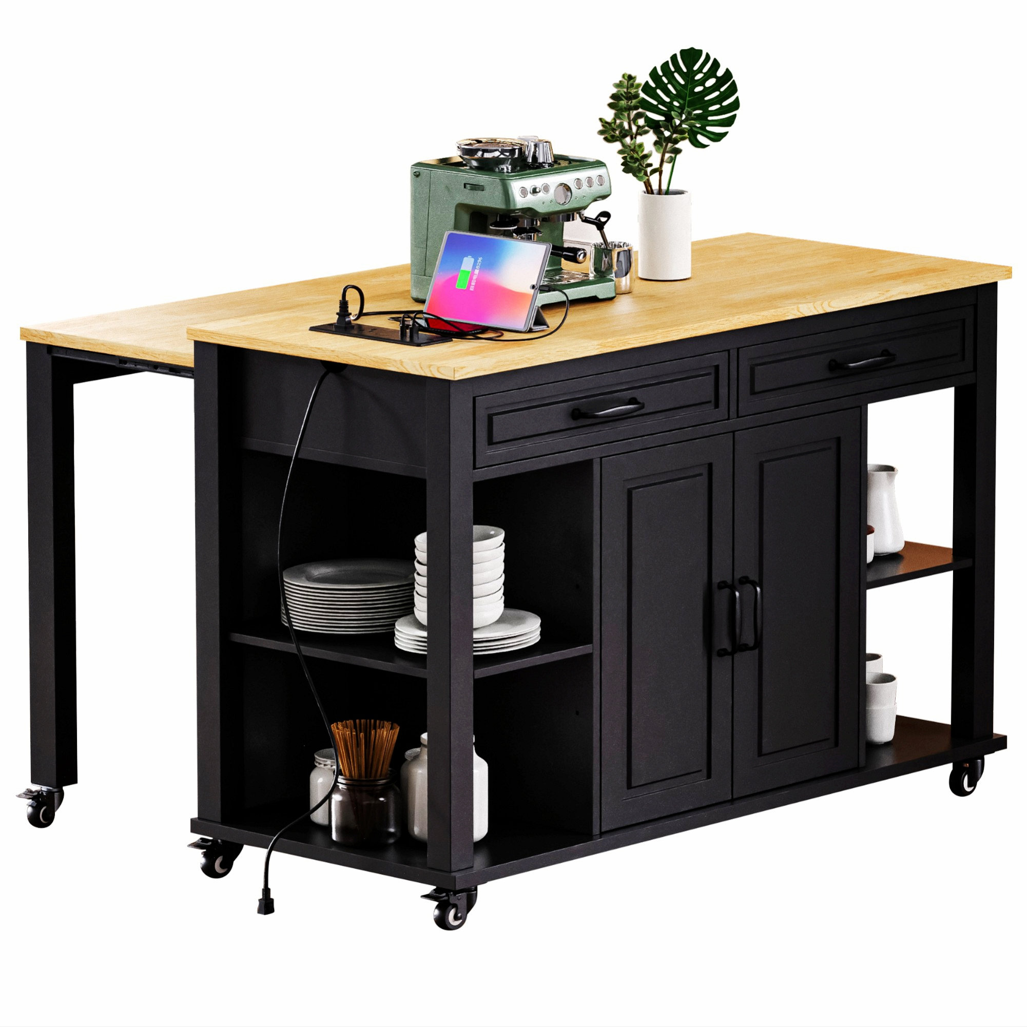 Latitude Run® Kitchen Island With Extendable Dining Table, Modern ...