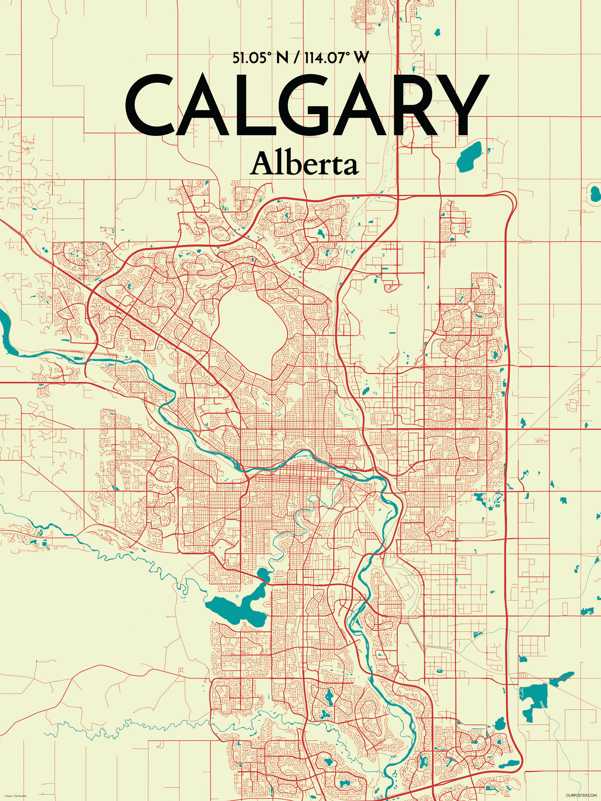OurPoster.com 'Calgary City Map' Graphic Art Print Poster in Tricolor ...