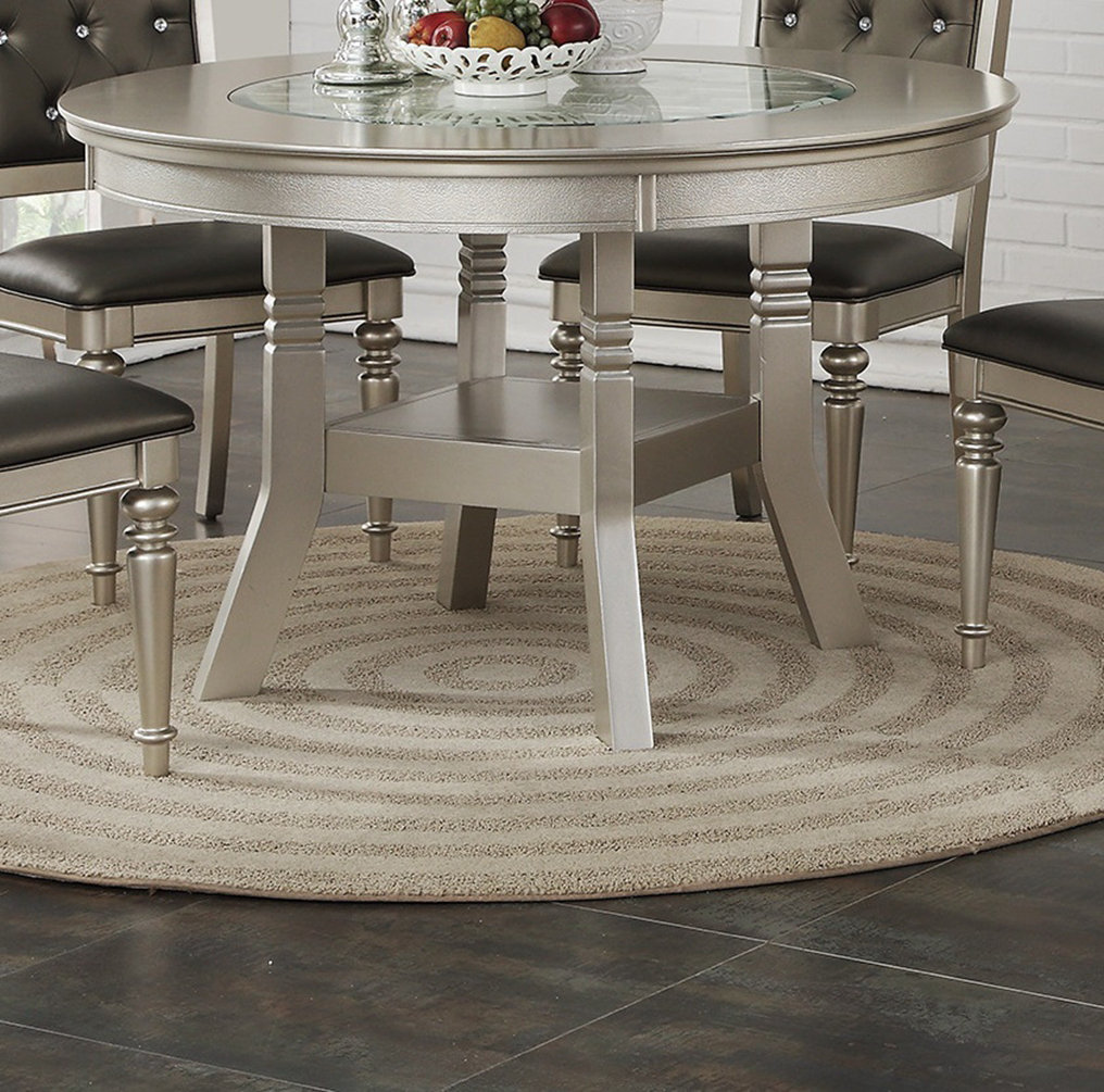 Rosdorf Park Round Dining Table Silver / Grey Finish Rubber wood Frame Centre Glass Top Dinette ...