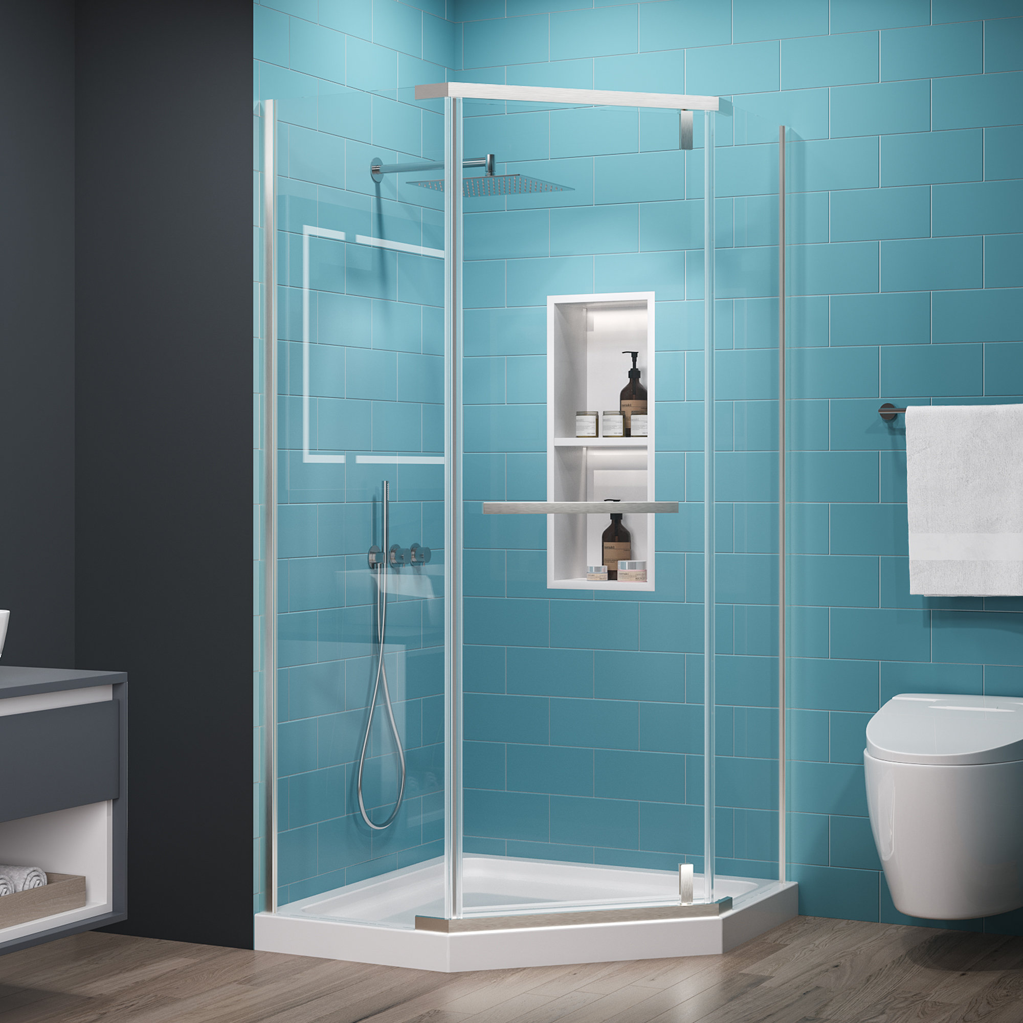 ExBrite 38'' W x 38'' D x 72'' H Semi-Frameless Neo-angle Reversible Shower Enclosure | Wayfair