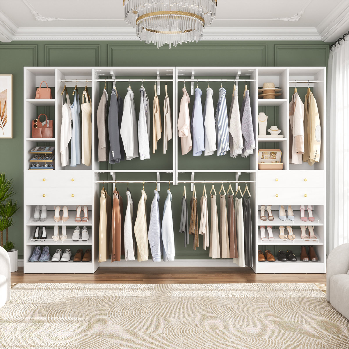Latitude Run® Welles 117.8" Closet System with Wood Drawers, Shoe Racks ...