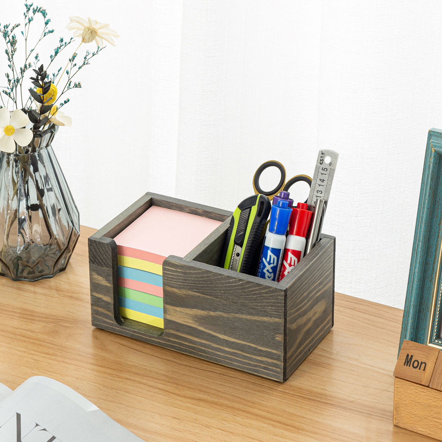 Highland Dunes Addylan 2 Slot Wood Memo Pad Pen Holder | Wayfair