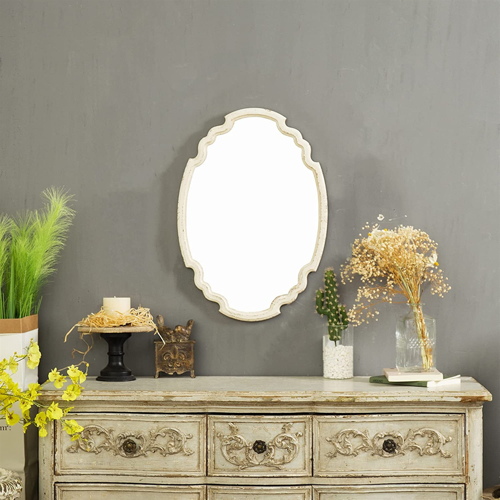 One Allium Way® White Carved Oval Mirror For Wall Decor 24 Inch ...