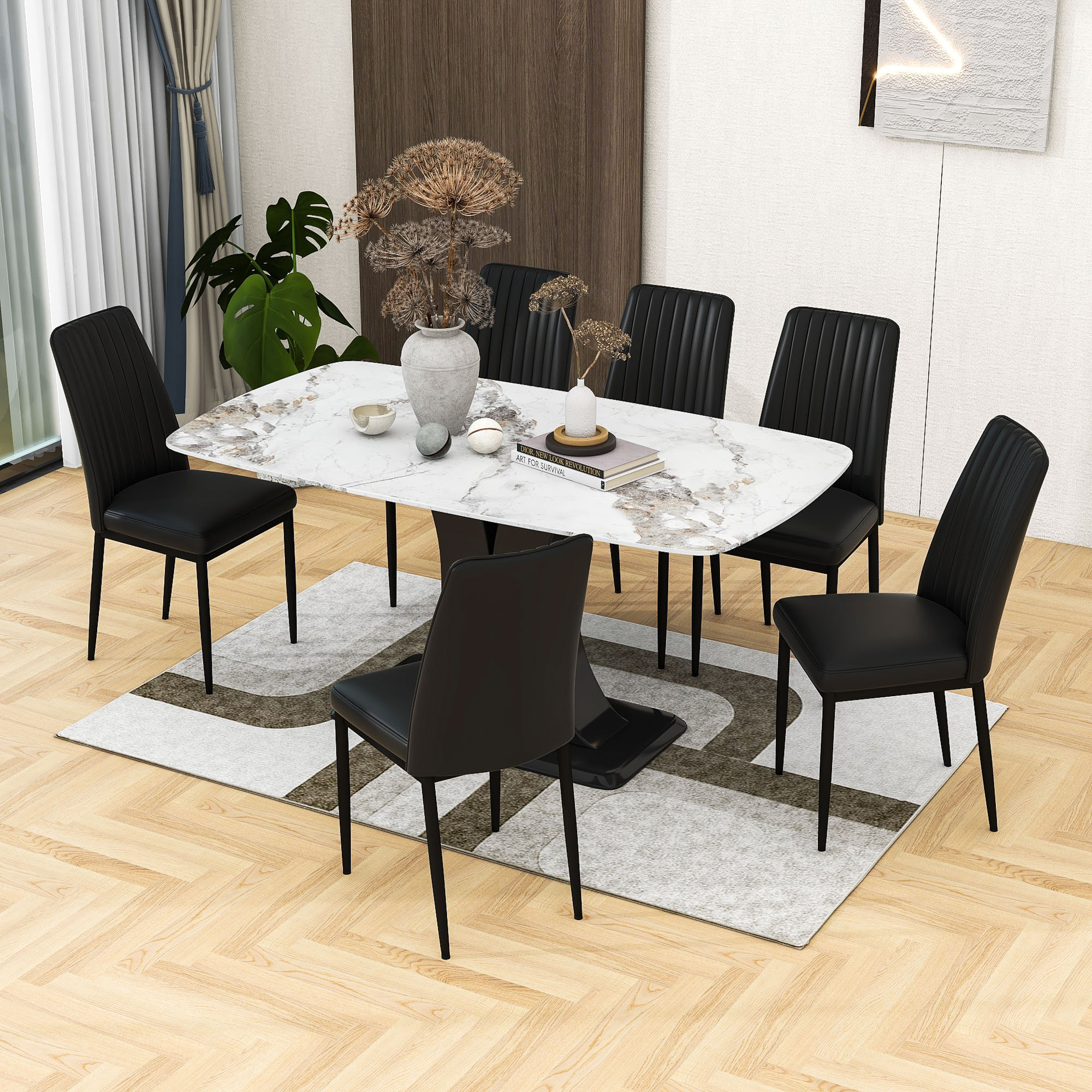 Ivy Bronx Danushan 7Pcs Rectangular Kitchen Table Set with Faux Marble Dining Table and 6 Chairs ...