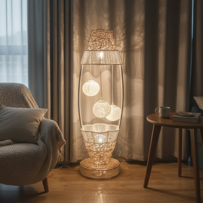 Dakota Fields Tall Led Floor Lamp With Off White Cane Balls, Handmade ...