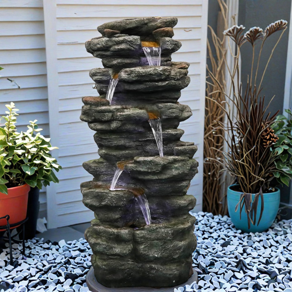 Union Rustic 6-Tiers Cascading Rock Outdoor/Garden Water Fountain With ...