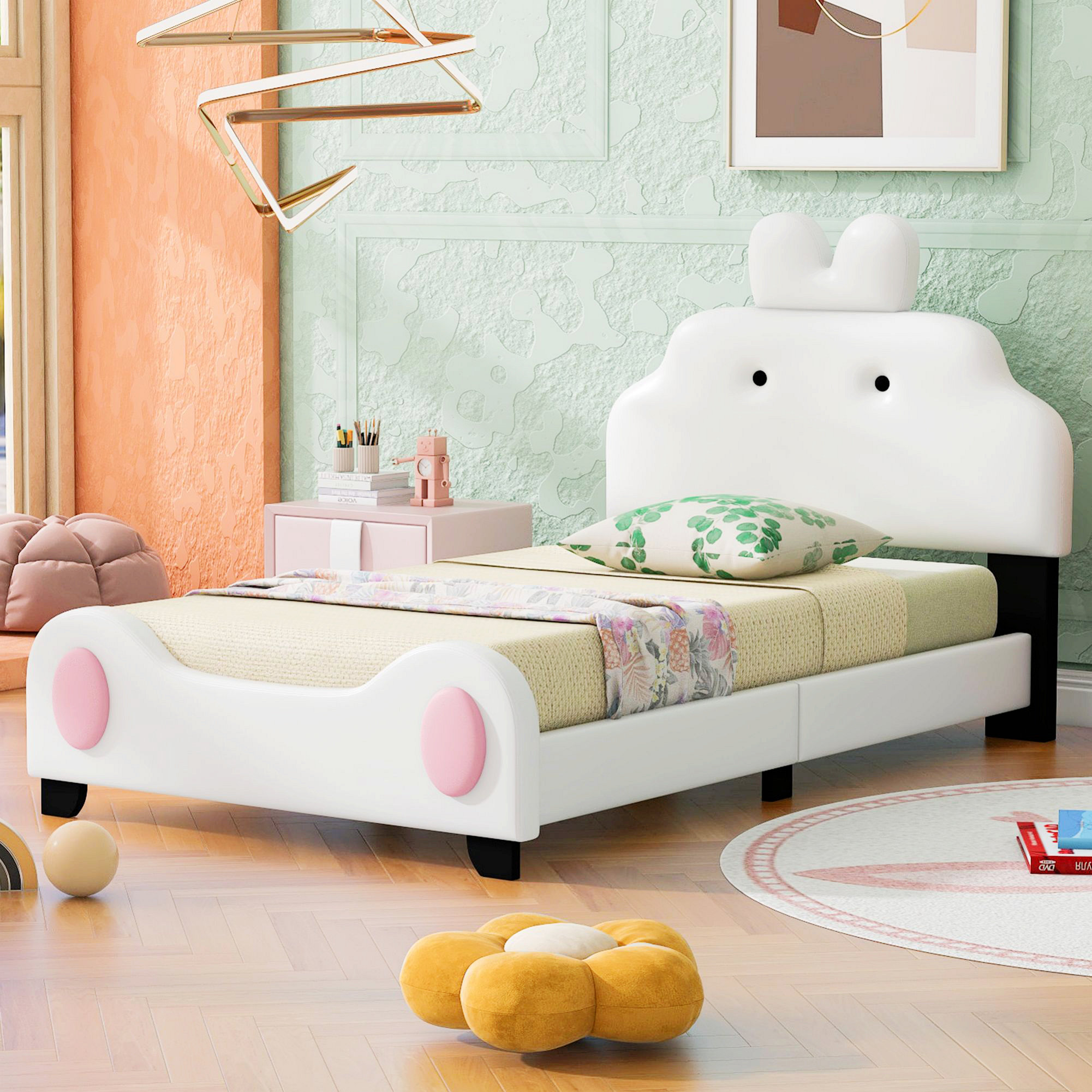 Zoomie Kids Bedroom Bed Upholstered Platform Bed with Cartoon Headboard ...
