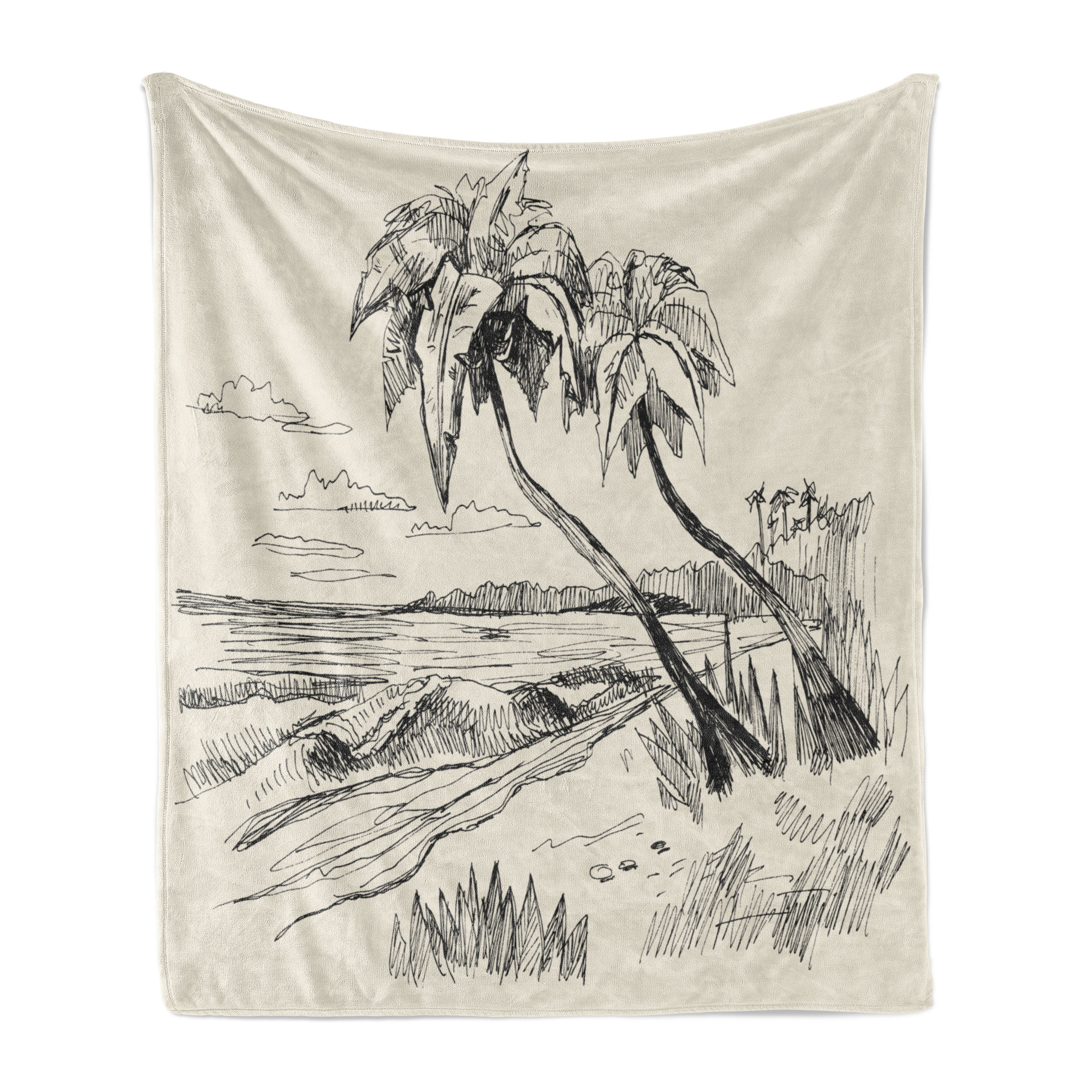 Ambesonne Palm Tree Fleece Blanket Tropical Beach Sketch Cream Black ...