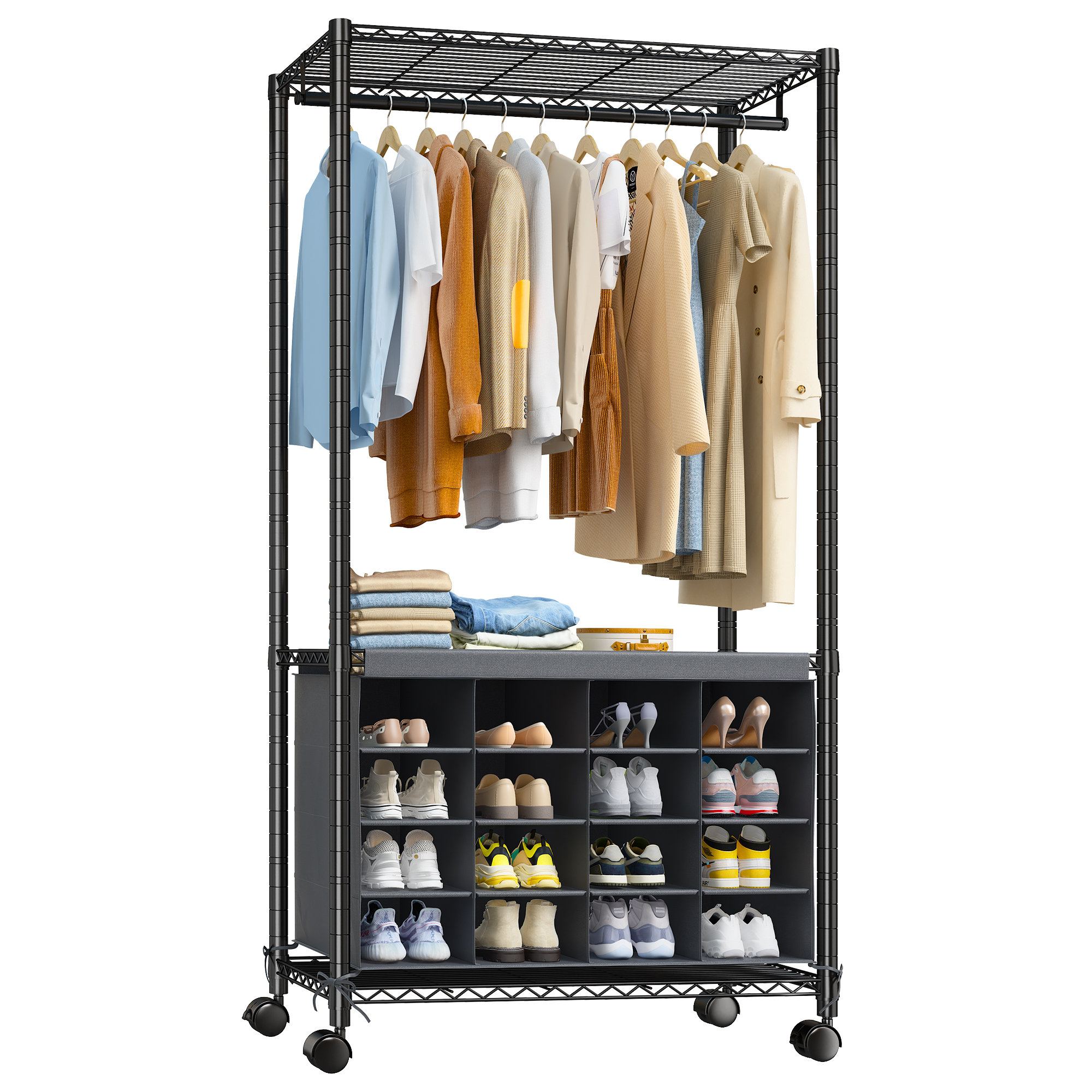 Rebrilliant Marguerie Clothing Rack with Shoe Storage Rolling Clothes ...