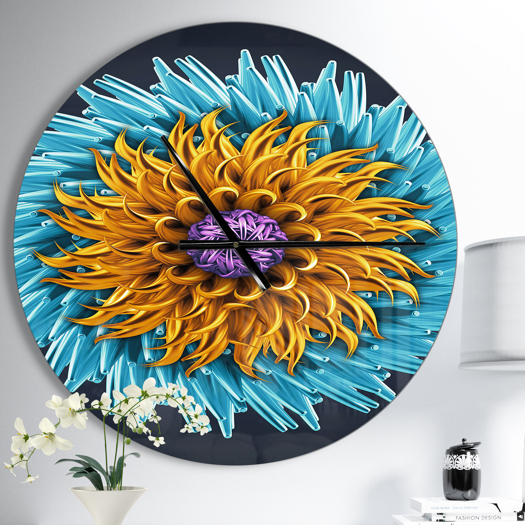 East Urban Home Yellow Blue Abstract 3D Flower - Modern wall clock ...