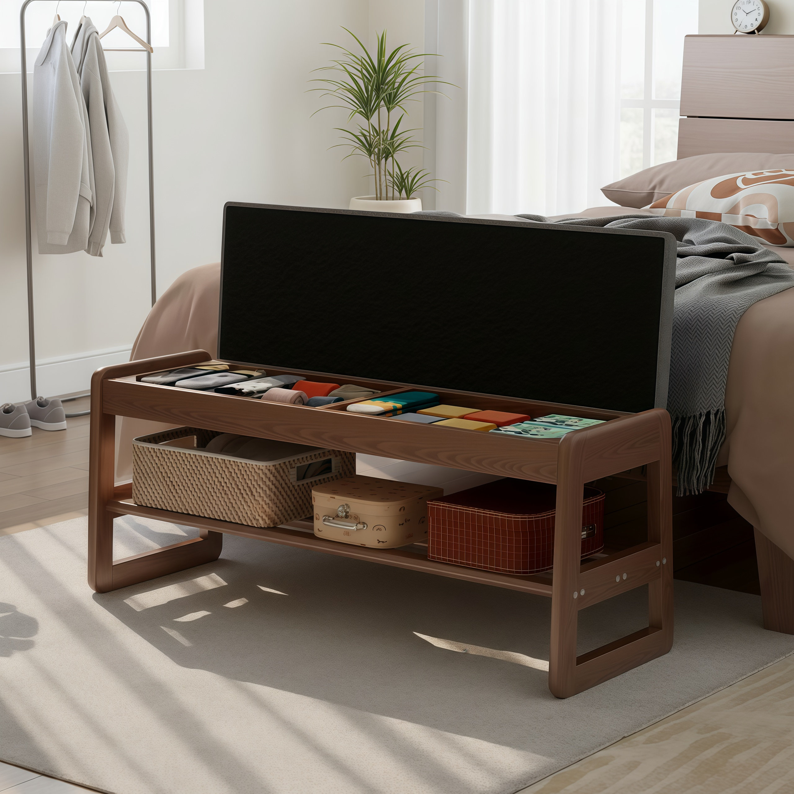 Rebrilliant Walnut Wood Shoe Rack Bench For Entryway And Hallway, With ...