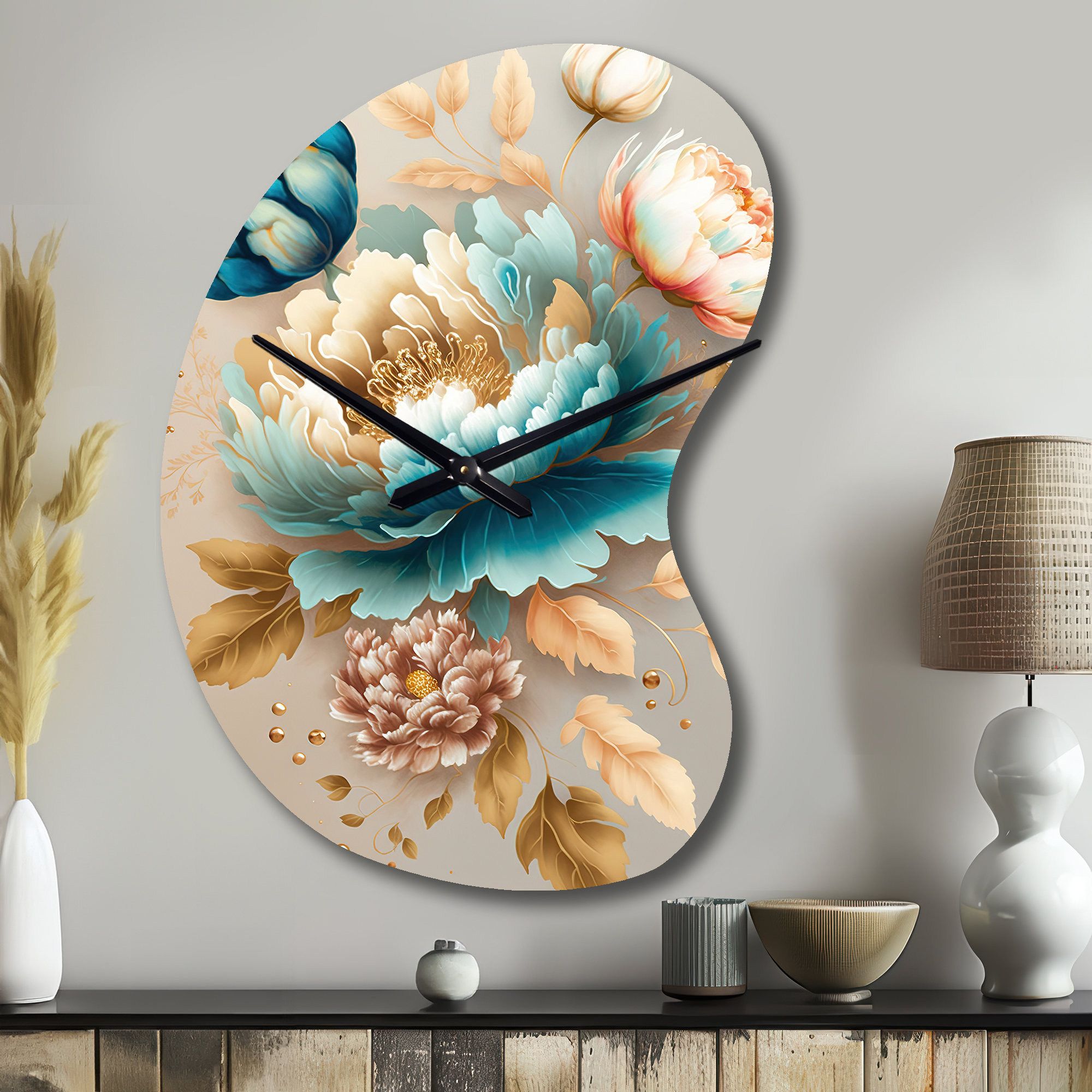 Design Art Multi-Color Blooming Flowers I - Boom Shape Blue Wall Clock ...