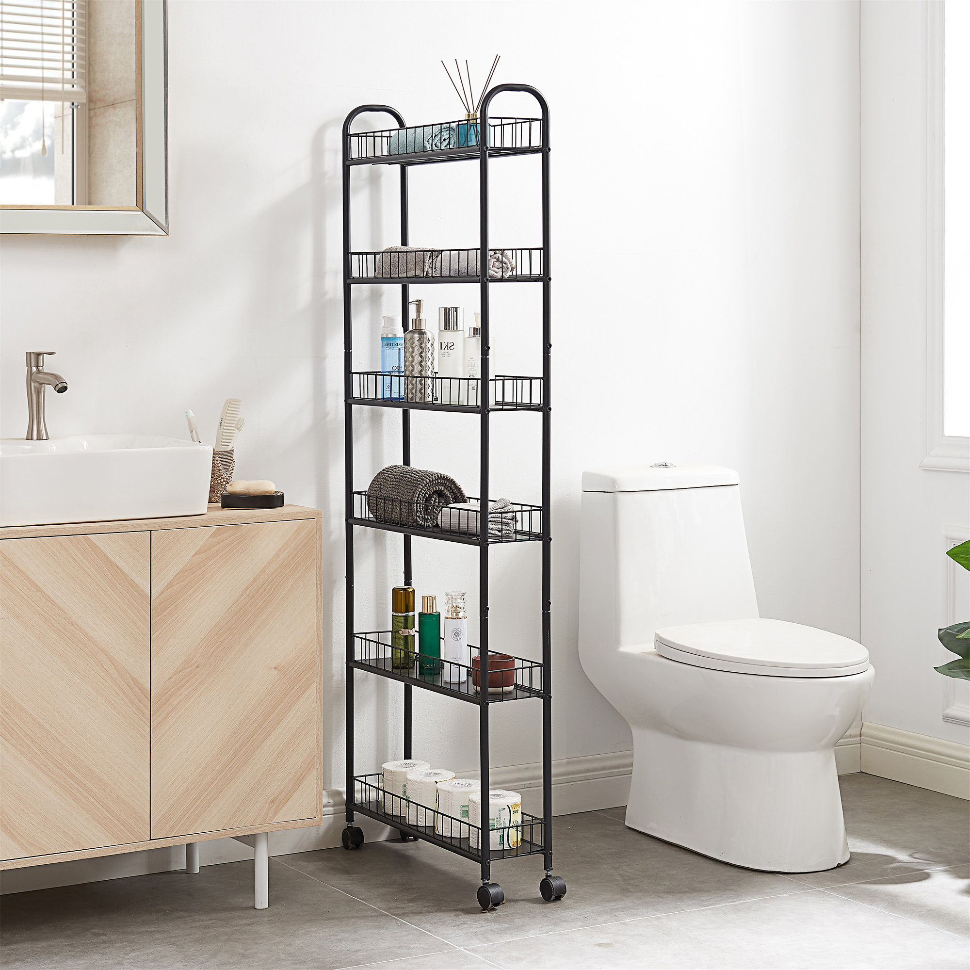 Rebrilliant Namiko Bathroom Laundry Narrow Piaces Utility cart,Slim ...