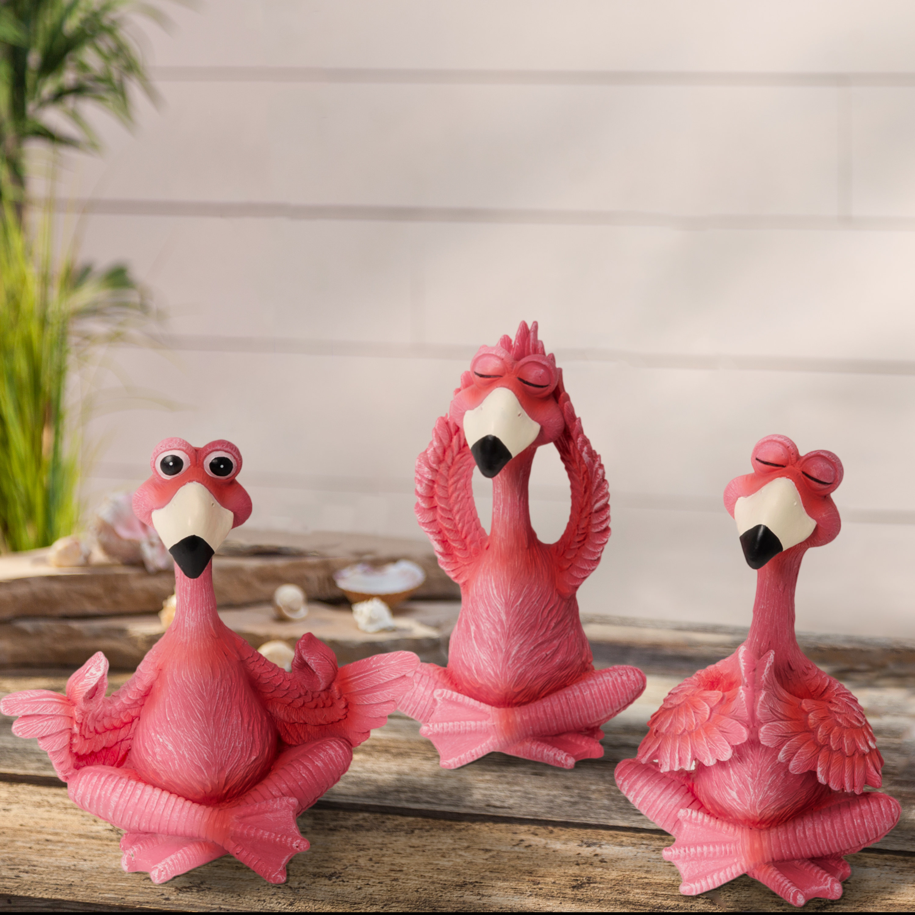Trinx Whimsical Set Of 3 Resin Yoga Flamingo Figurines | Wayfair