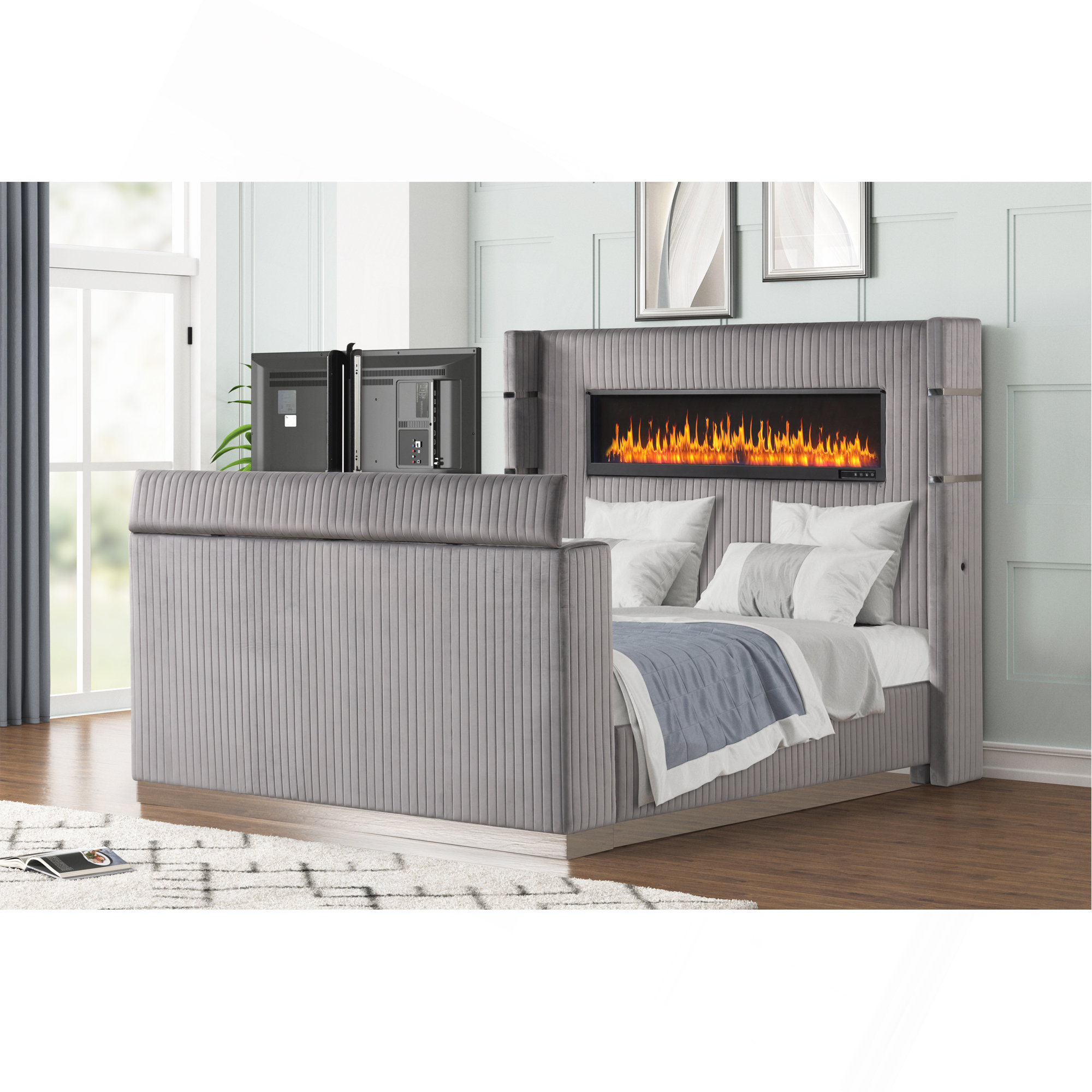 Orren Ellis Lavish Modern Style Queen Bed Made With Fireplace In ...