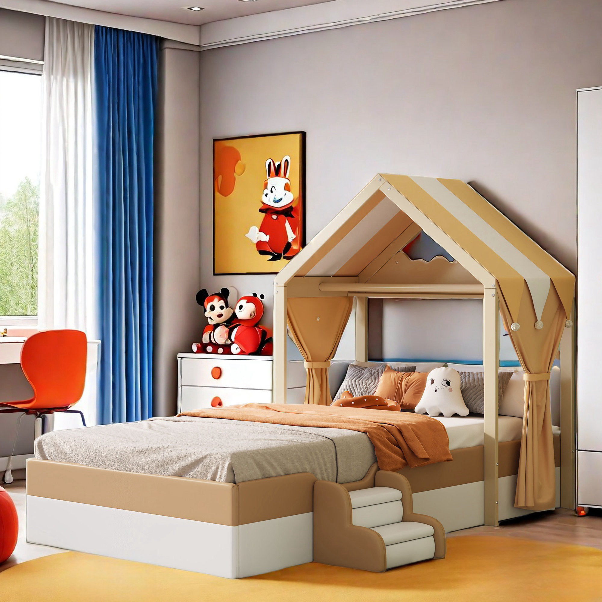 Harper Orchard Aizayah Upholstered House Bed with Curtains and Stairs ...