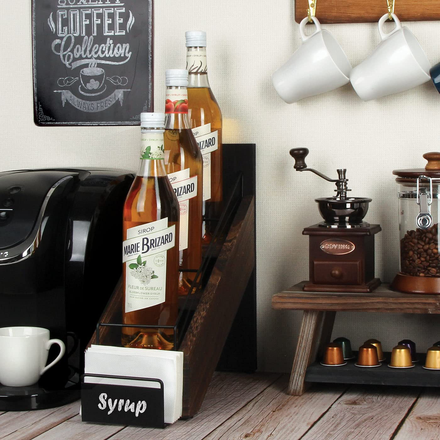 BOJUNTAN Rustic Wood Syrup Bottle Holder, Wire 3 Compartment Shelf ...