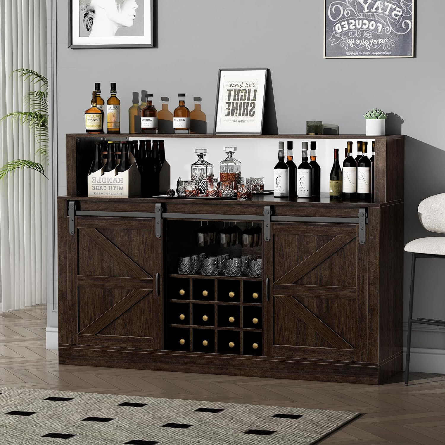 Winston Porter 60" Wine Bar Cabinet with 12 Wine Racks and Sliding Barn ...